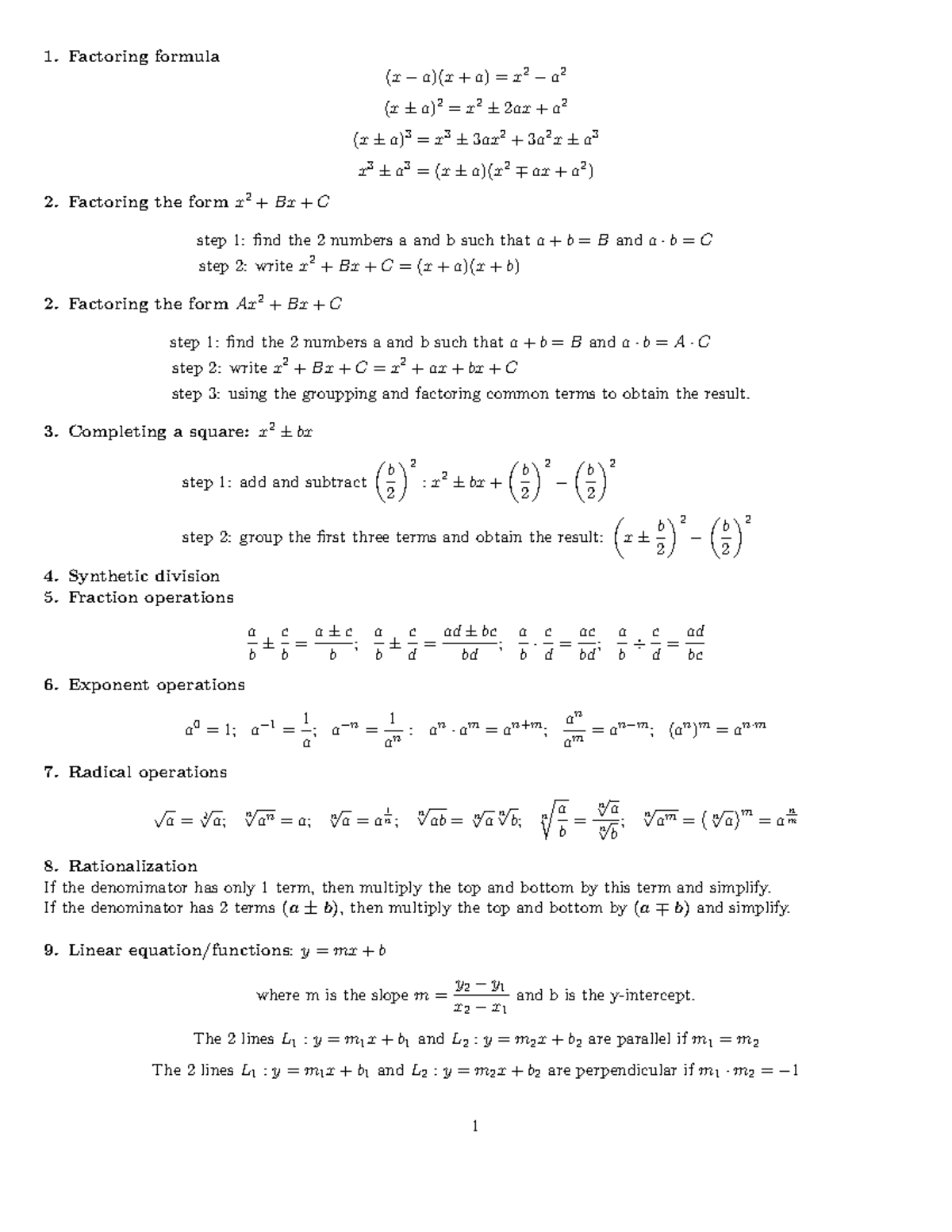 Math206 formula sheet - Factoring formula (x−a)(x+a) =x 2 −a 2 (x±a) 2 ...