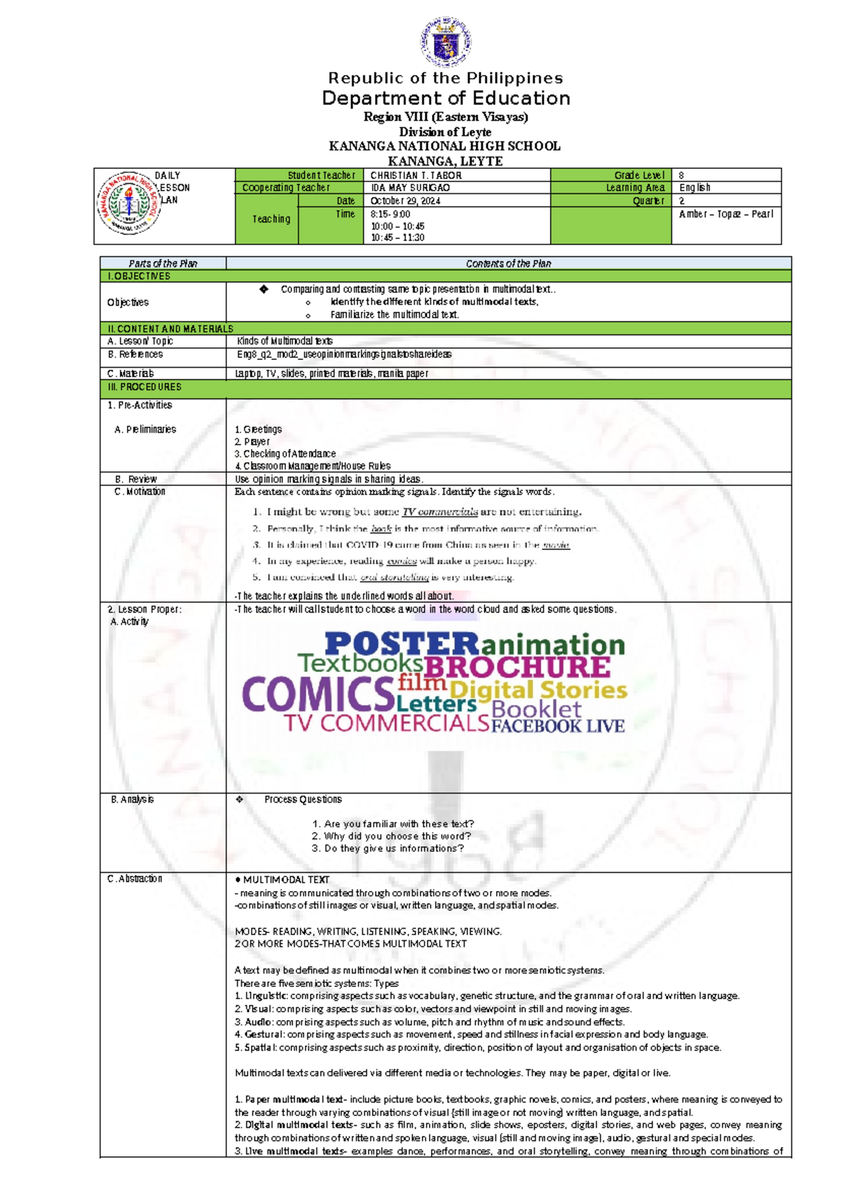 LP - Multimodal - lesson plan - Republic of the Philippines Department ...