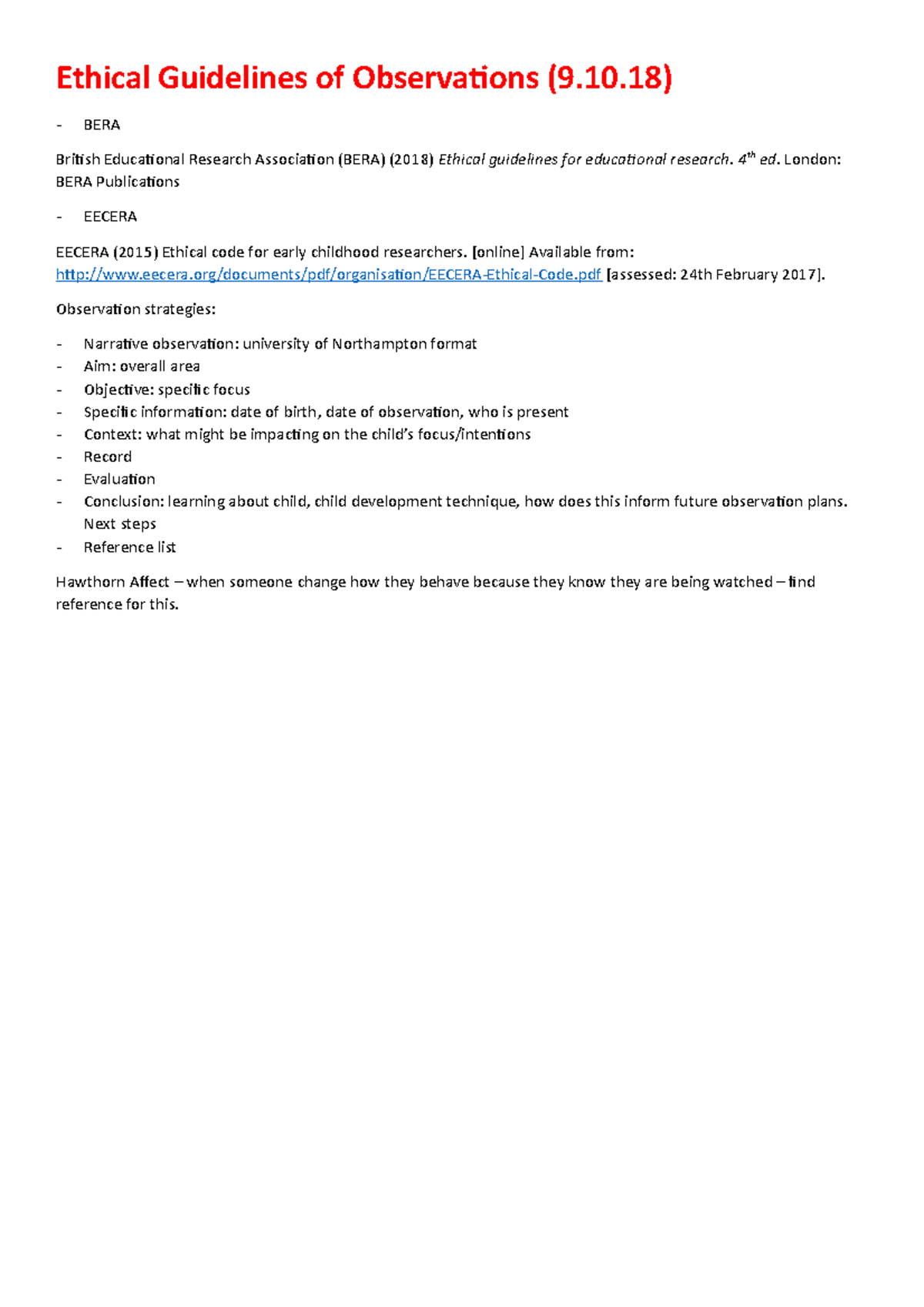 Ethical Guidelines of Observations - 10) BERA British Educational ...