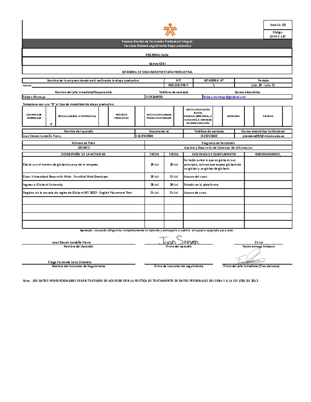 Bitácora 1 - Bitácoras de programacion - Globant Nombre del jefe ...