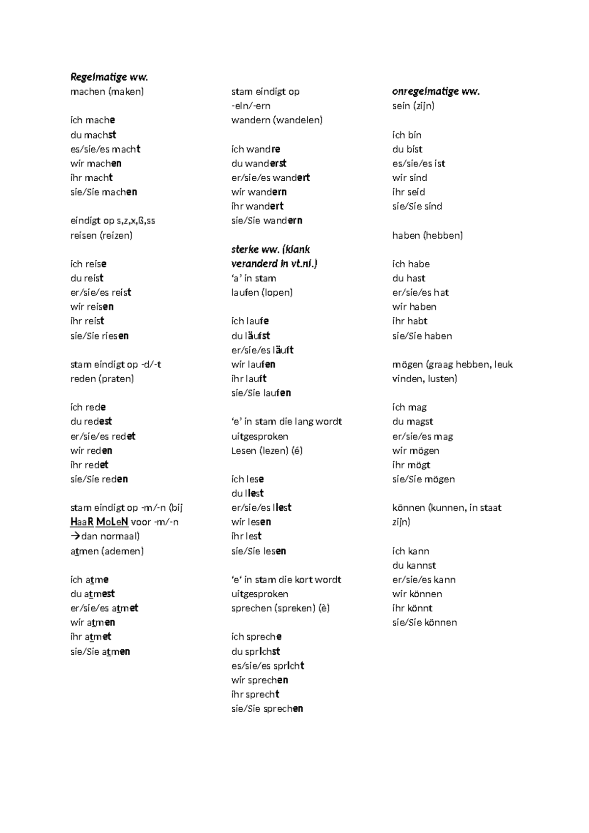 Duits werkwoorden - Regelmatige ww. machen (maken) ich mache du machst ...