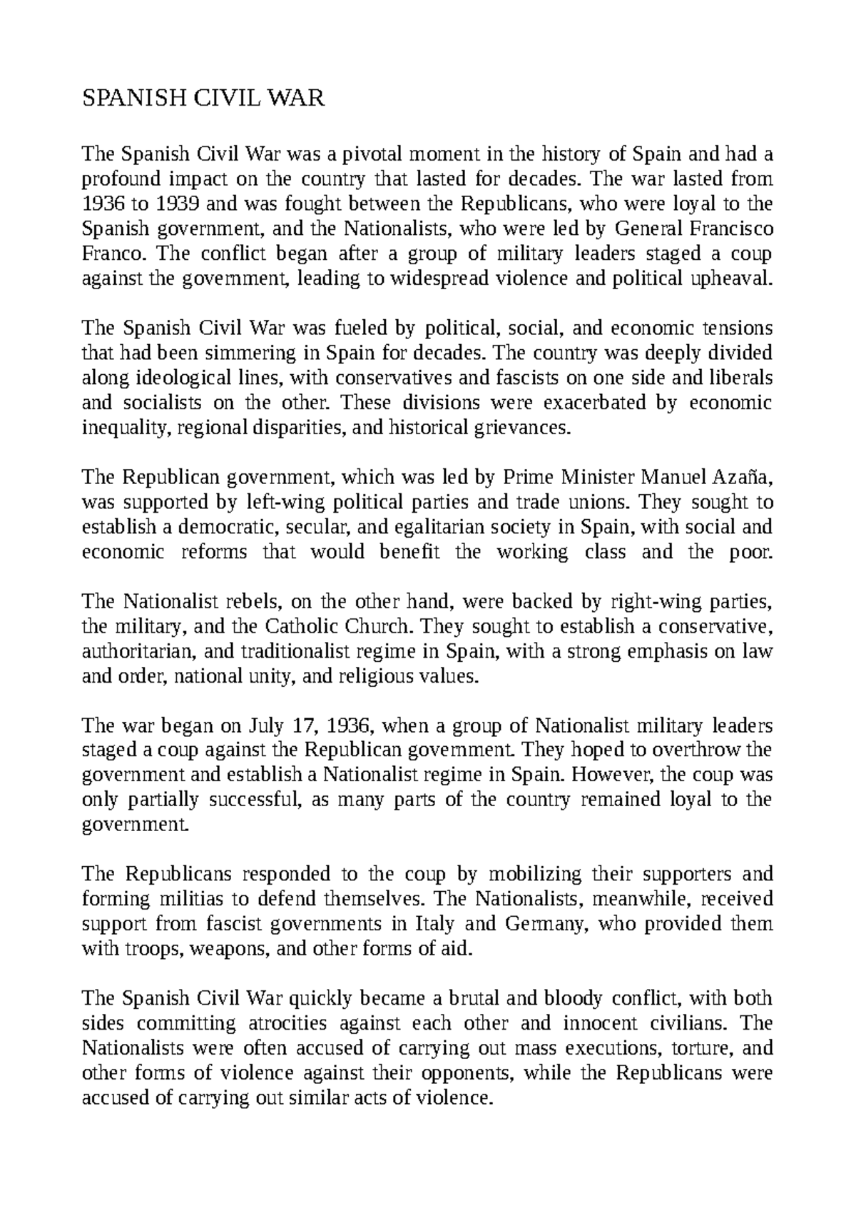 Spanish Civil WAR - SPANISH CIVIL WAR The Spanish Civil War was a ...