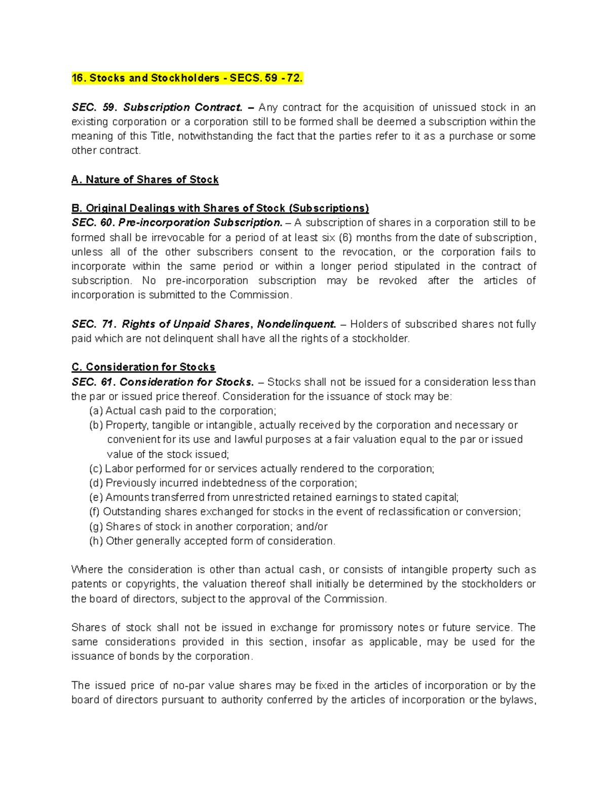Corporation Law - Stocks and Stockholders - SECS. 59 - 72. SEC. 59 ...