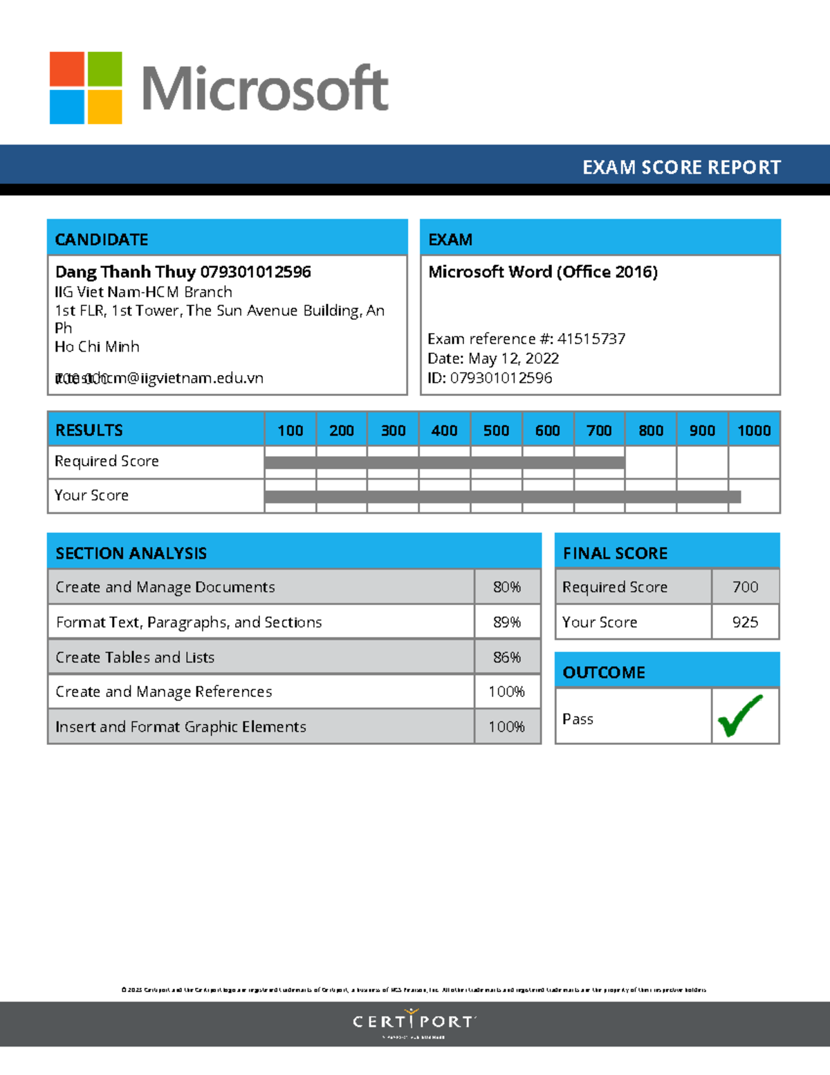 Microsoft Word Office 2016 - EXAM SCORE REPORT CANDIDATE Dang Thanh ...