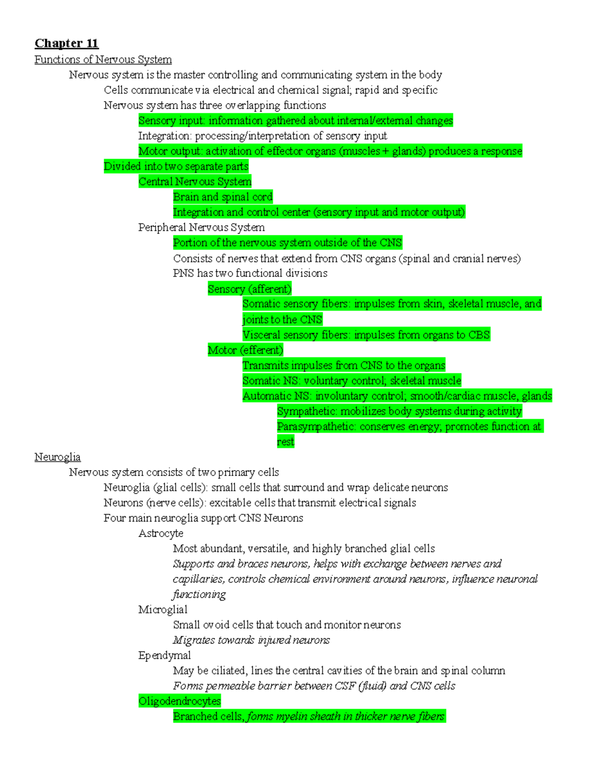 A+P - Ch. 11, 12, 13, and 14 - Chapter 11 Functions of Nervous System ...