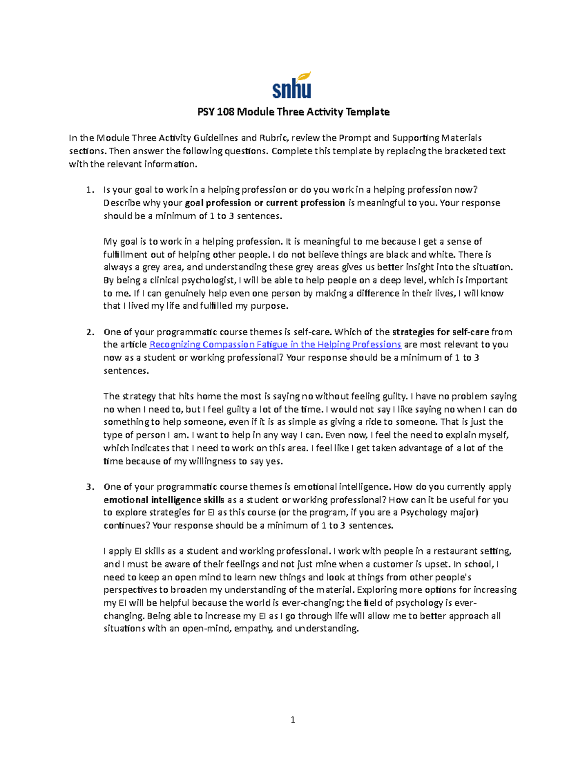 Emotional Intelligence and Compassion Fatigue - PSY 108 Module Three Activity Template In the ...