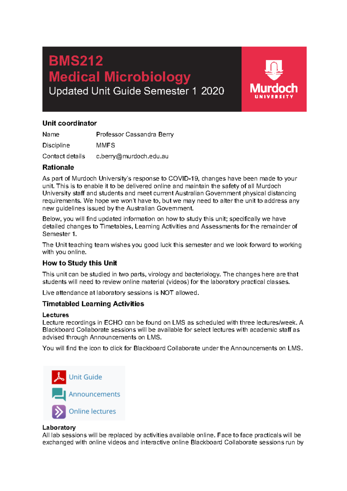 Coronavirus Updated Unit Guide 2020 - Unit coordinator Name Professor ...