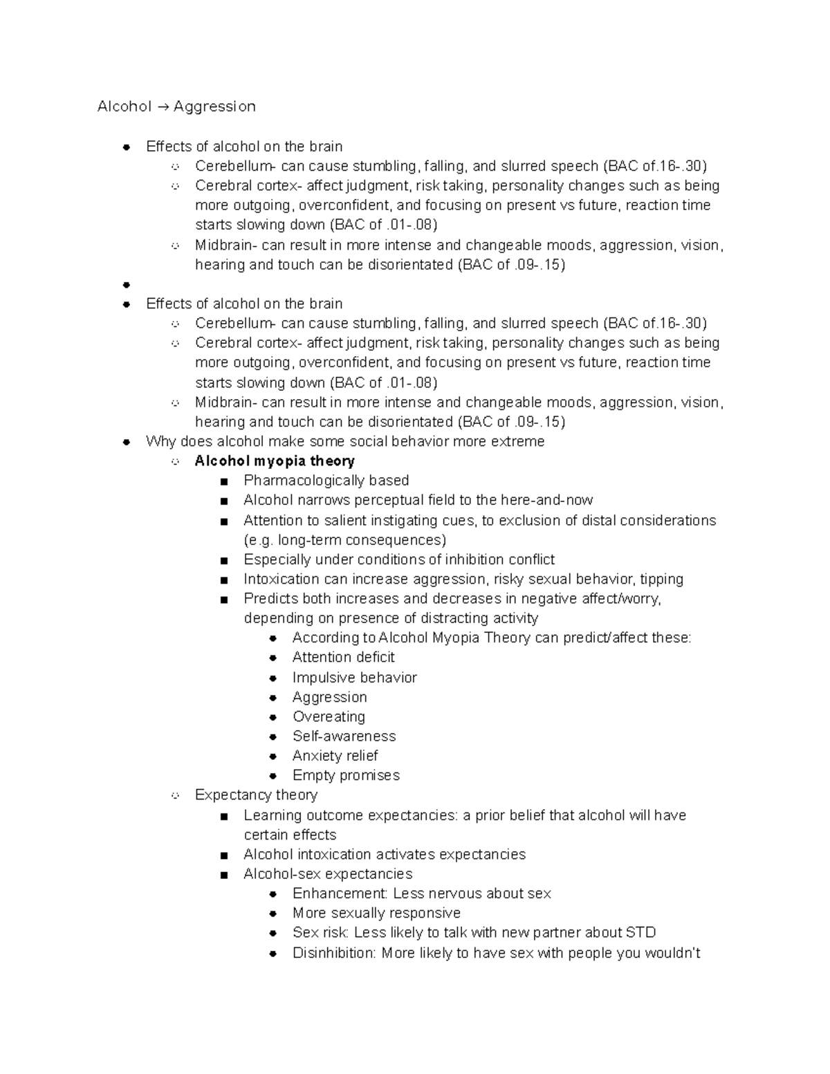 October 19 Alcohol and Aggression lecture notes - Alcohol → Aggression ...
