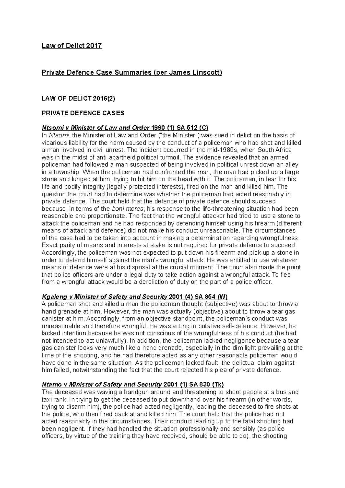 Private Defence Case Summaries 2020 JL-2 - Law of Delict 2017 Private ...