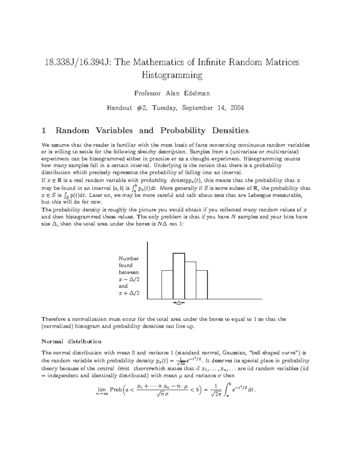 Handout 2 The Mathematics of Infinite Random Matrices - 1 18.338J/16: The Mathematics of ...