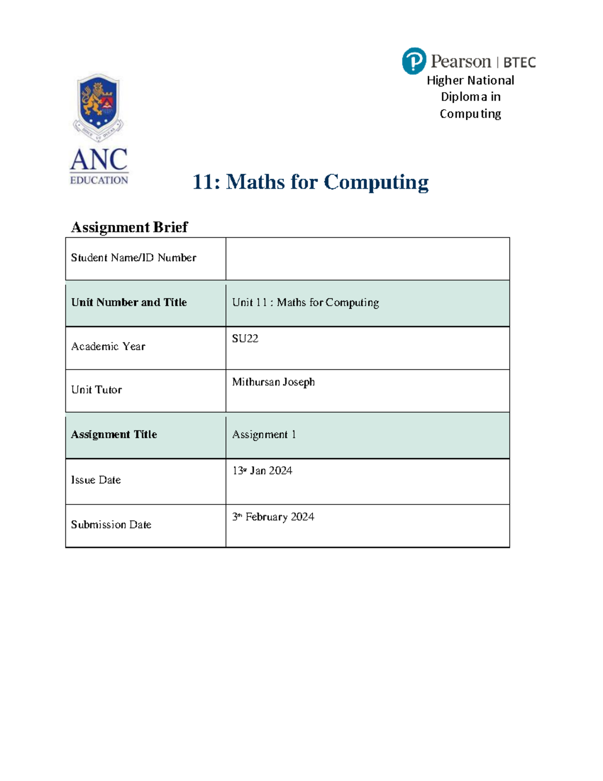 Maths for computing - ok here more information - Higher National Diploma in Computing 11: Maths ...