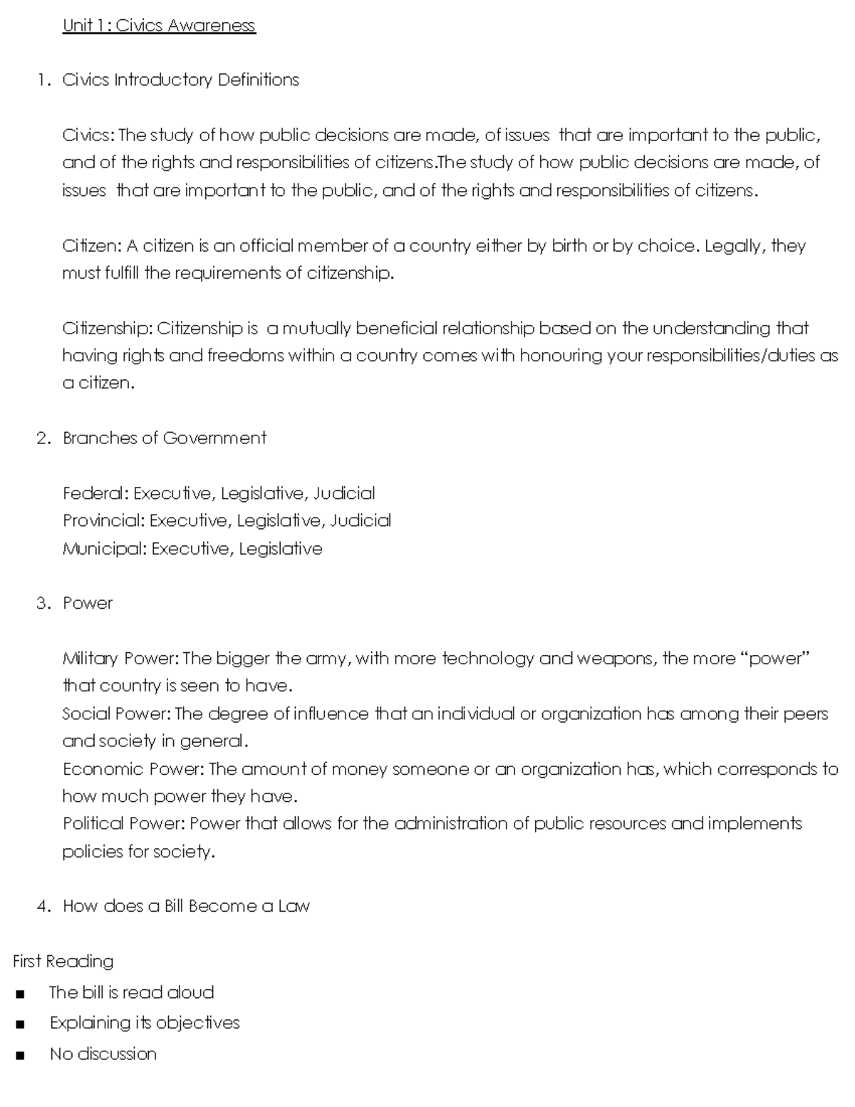 Civics Exam Review - Unit 1: Civics Awareness Civics Introductory ...