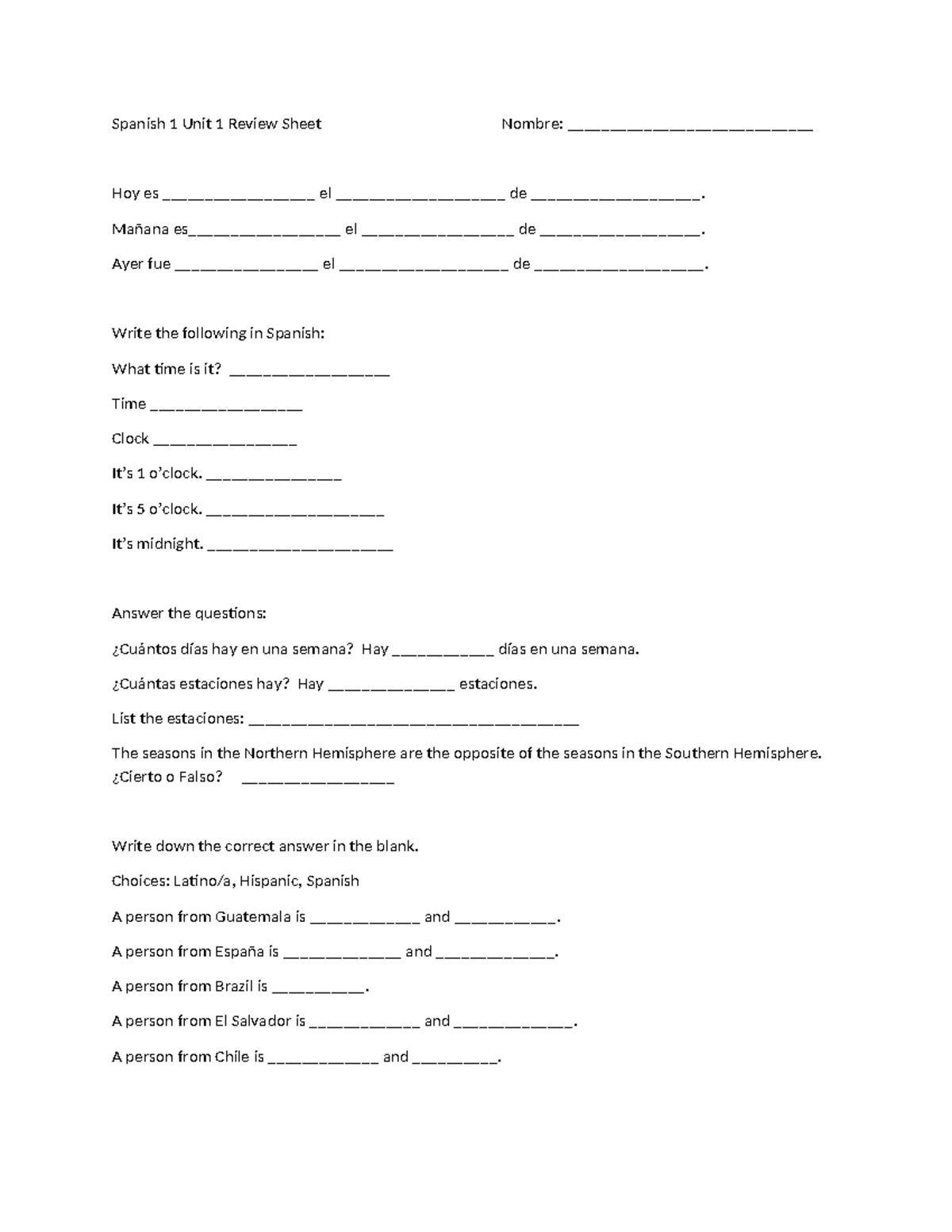Spanish 1 Unit 1 Review Sheet - Copy - Spanish 1 Unit 1 Review Sheet ...