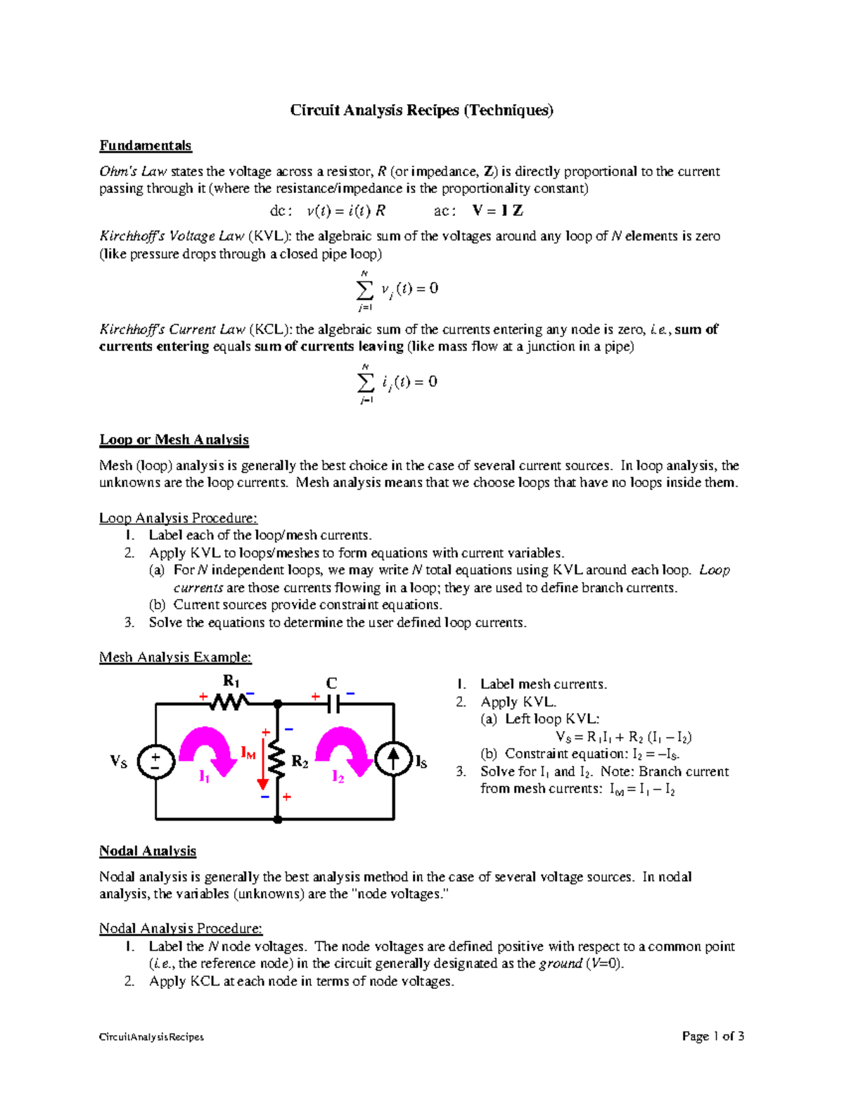 Circuit Analysis Recipes - , sum of currents entering equals sum of ...