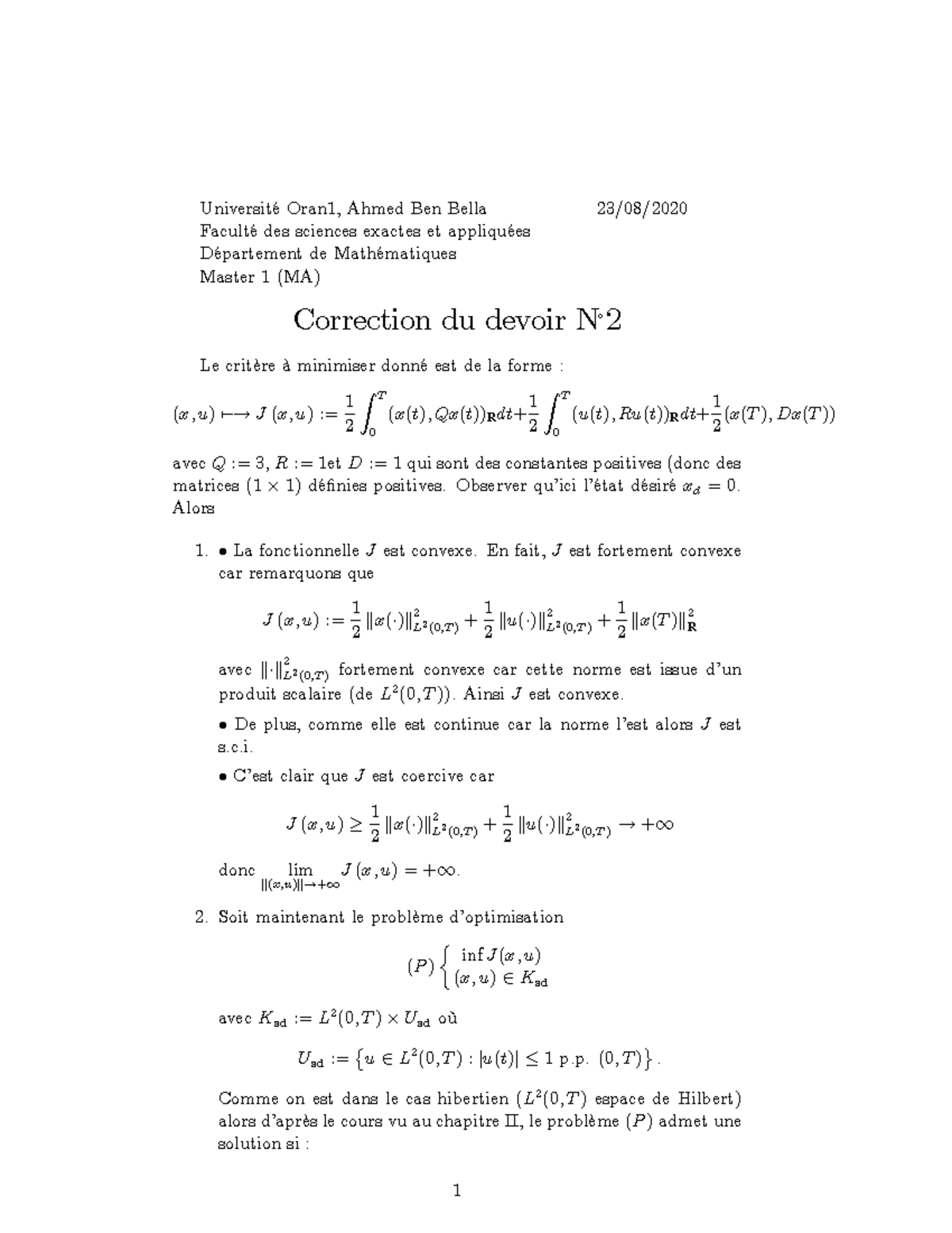 Correction Devoir 2 Cont Opti - UniversitÈ Oran1, Ahmed Ben Bella 23/08/ FacultÈ des sciences ...