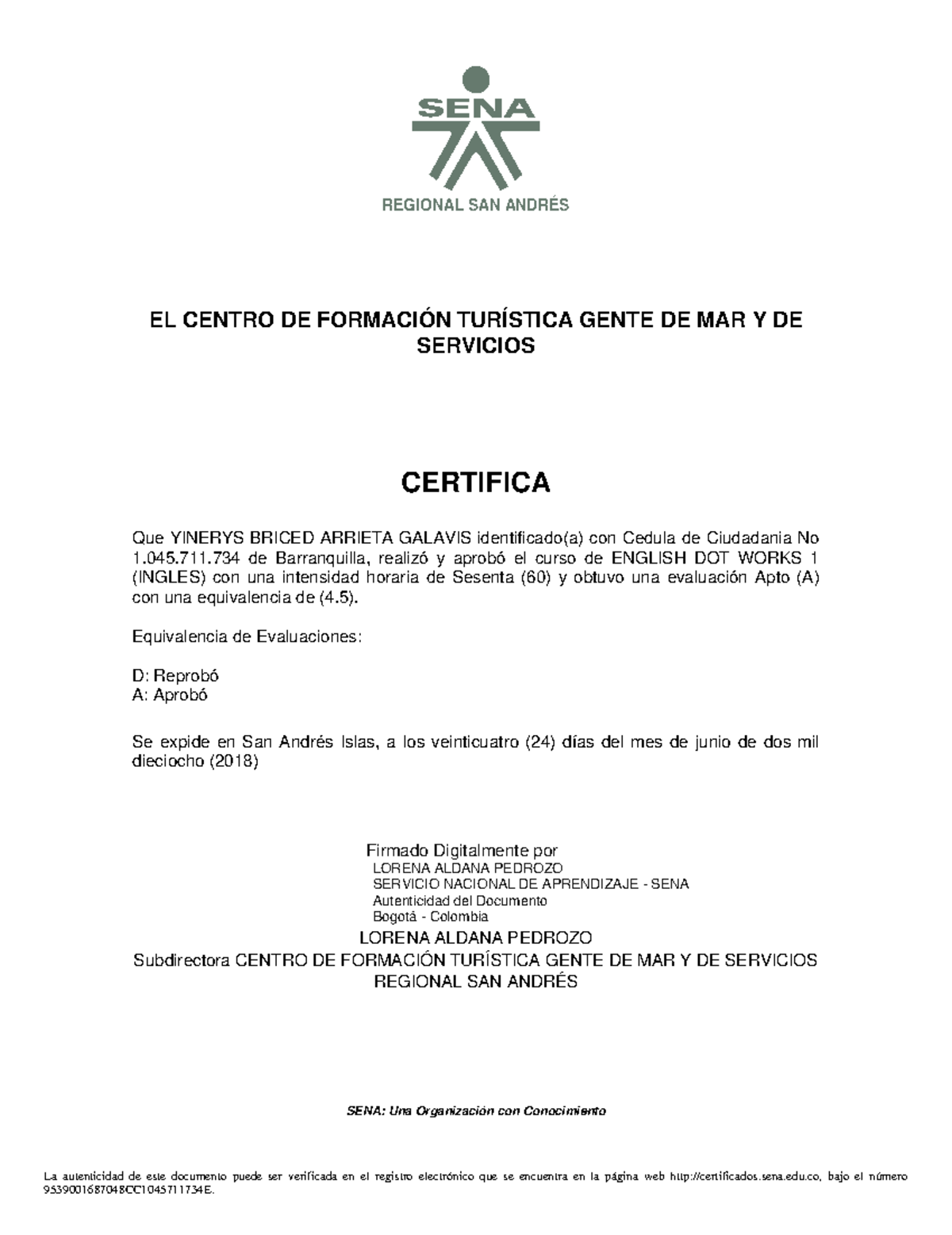 Certificado DE Ingles SENA 1 - S REGIONAL SAN ANDRÉS EL CENTRO DE ...