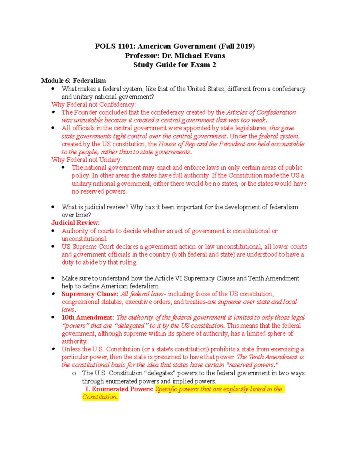 Exam 2 Study Guide - evans - POLS 1101: American Government (Fall 2019 ...