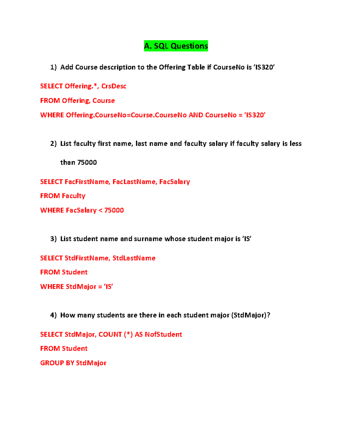 MIS Midterm LAST Semester - A. SQL Questions Add Course description to ...