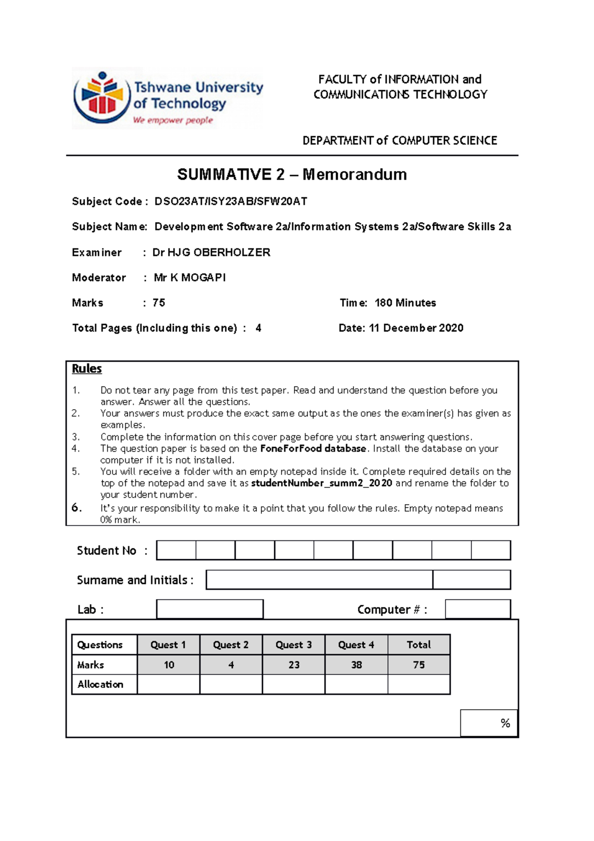 DSO23AT Summative Paper B MEMO - FACULTY of INFORMATION and ...
