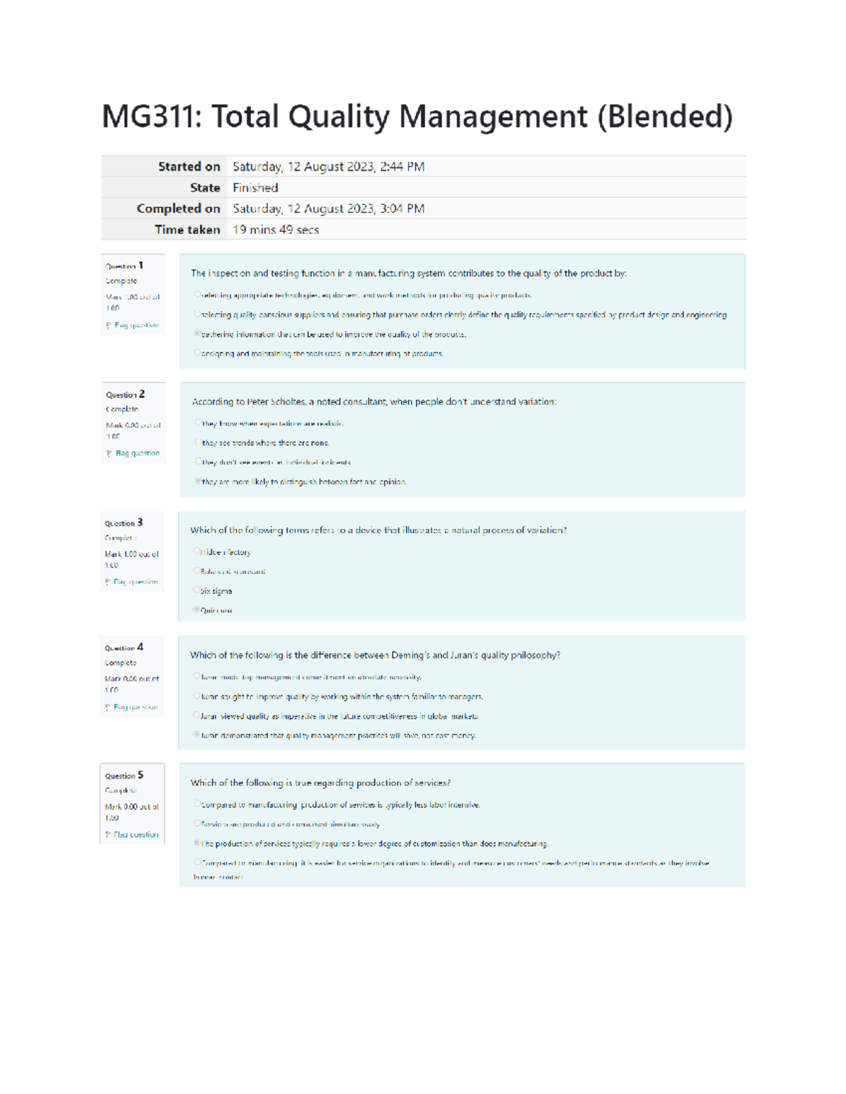 Quiz questions for practice - Total Quality Management - Studocu