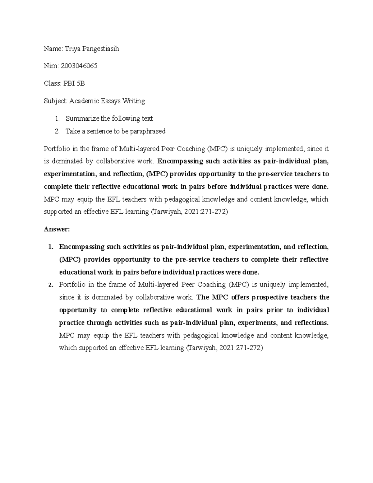 Academic Essays Writing jossss - Name: Triya Pangestiasih Nim ...