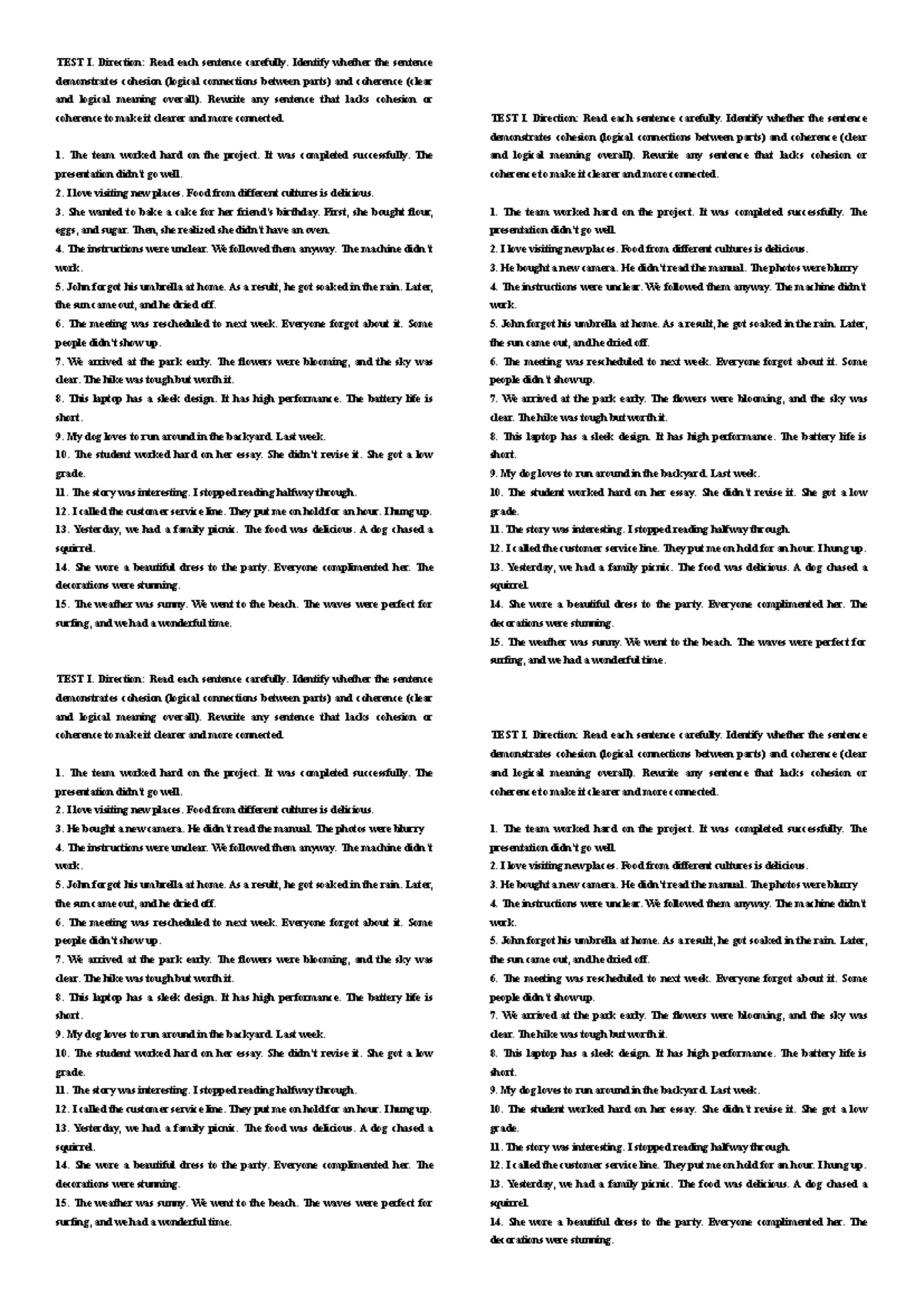 Cohesion and Coherence Worksheet - TEST I. Direction: Read each ...