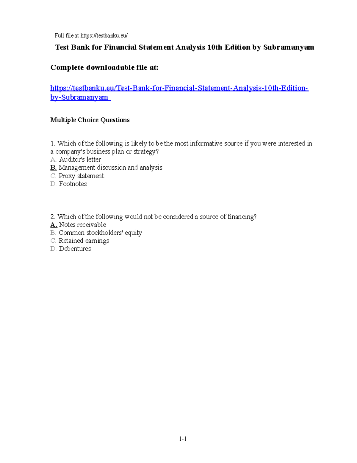 Test 3 January 2019, questions and answers - Test Bank for Financial ...