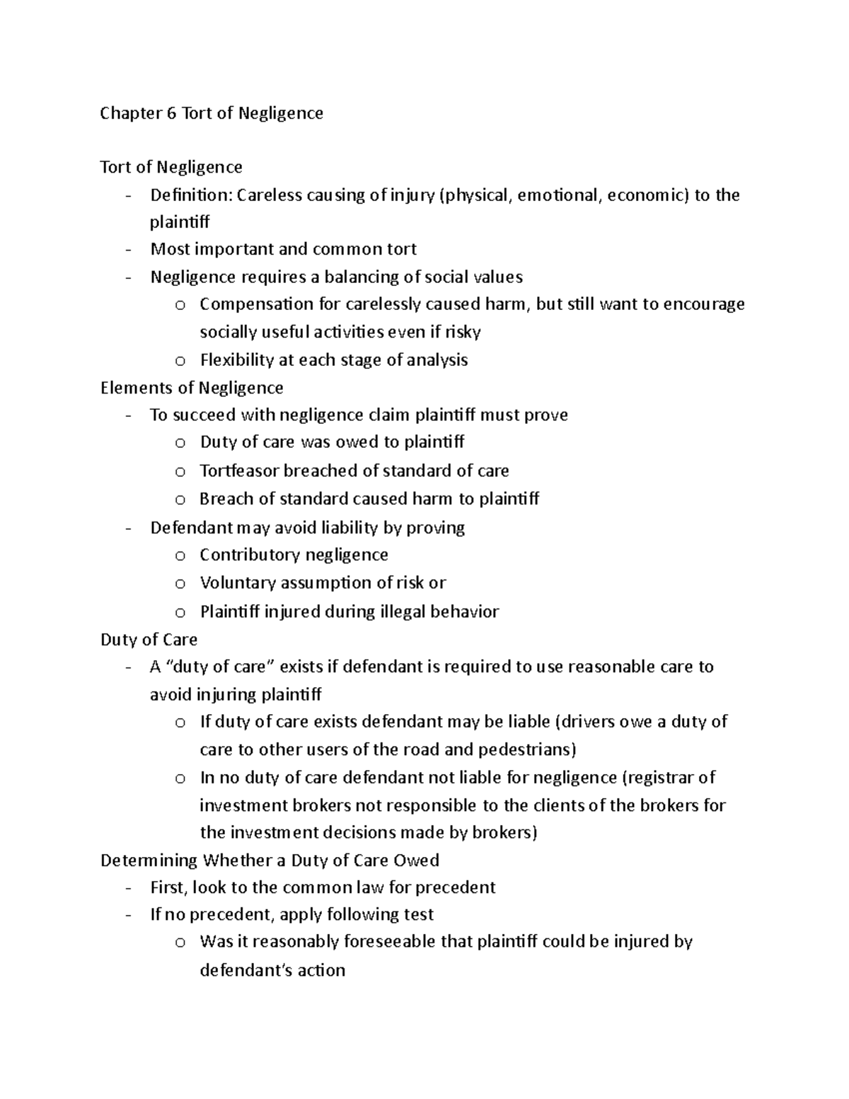 Chapter 6 Law - law notes - Chapter 6 Tort of Negligence Tort of ...