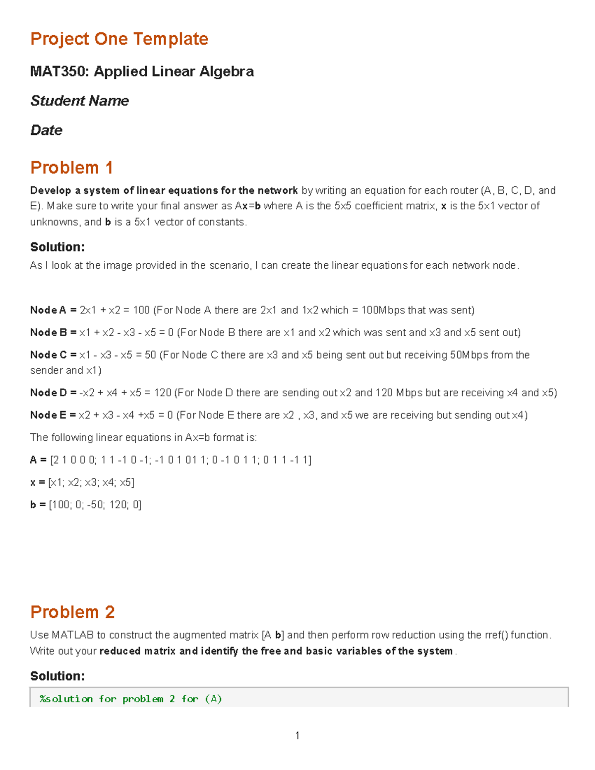 Project One Table - Project One Template MAT350: Applied Linear Algebra ...