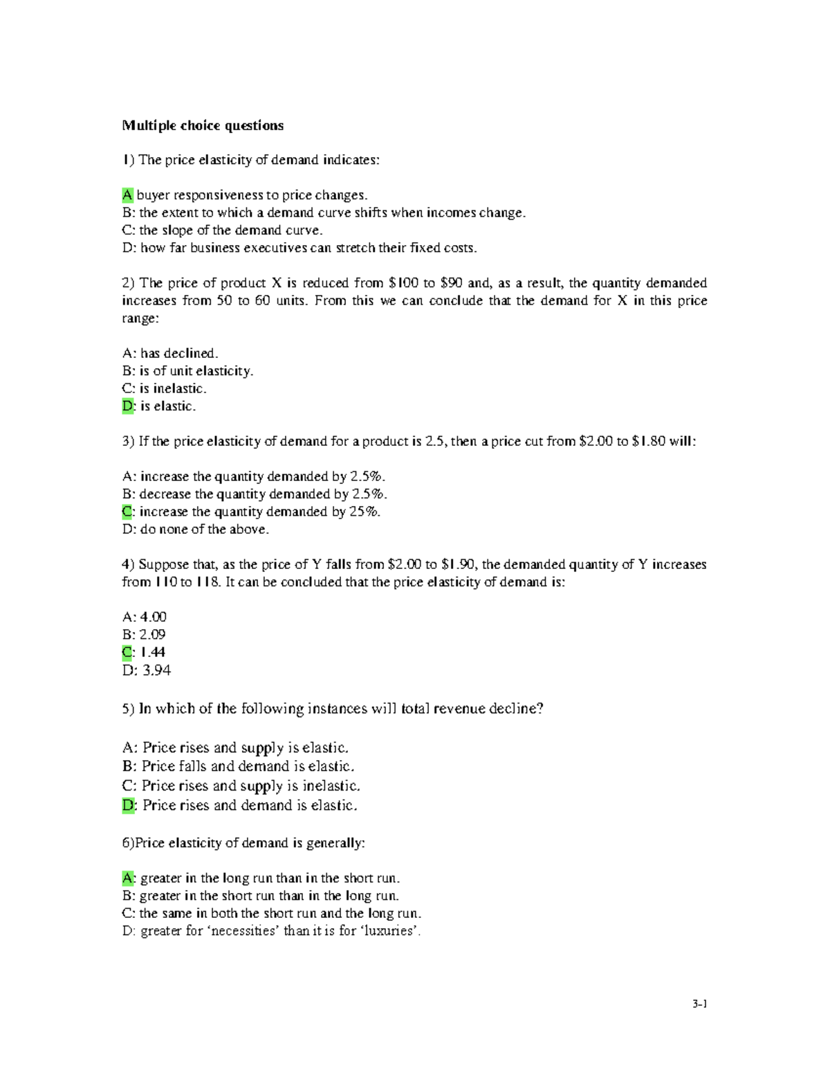 Mulp 3 Elasticity - multiple choice topic 3 - 3- Multiple choice questions The price elasticity ...