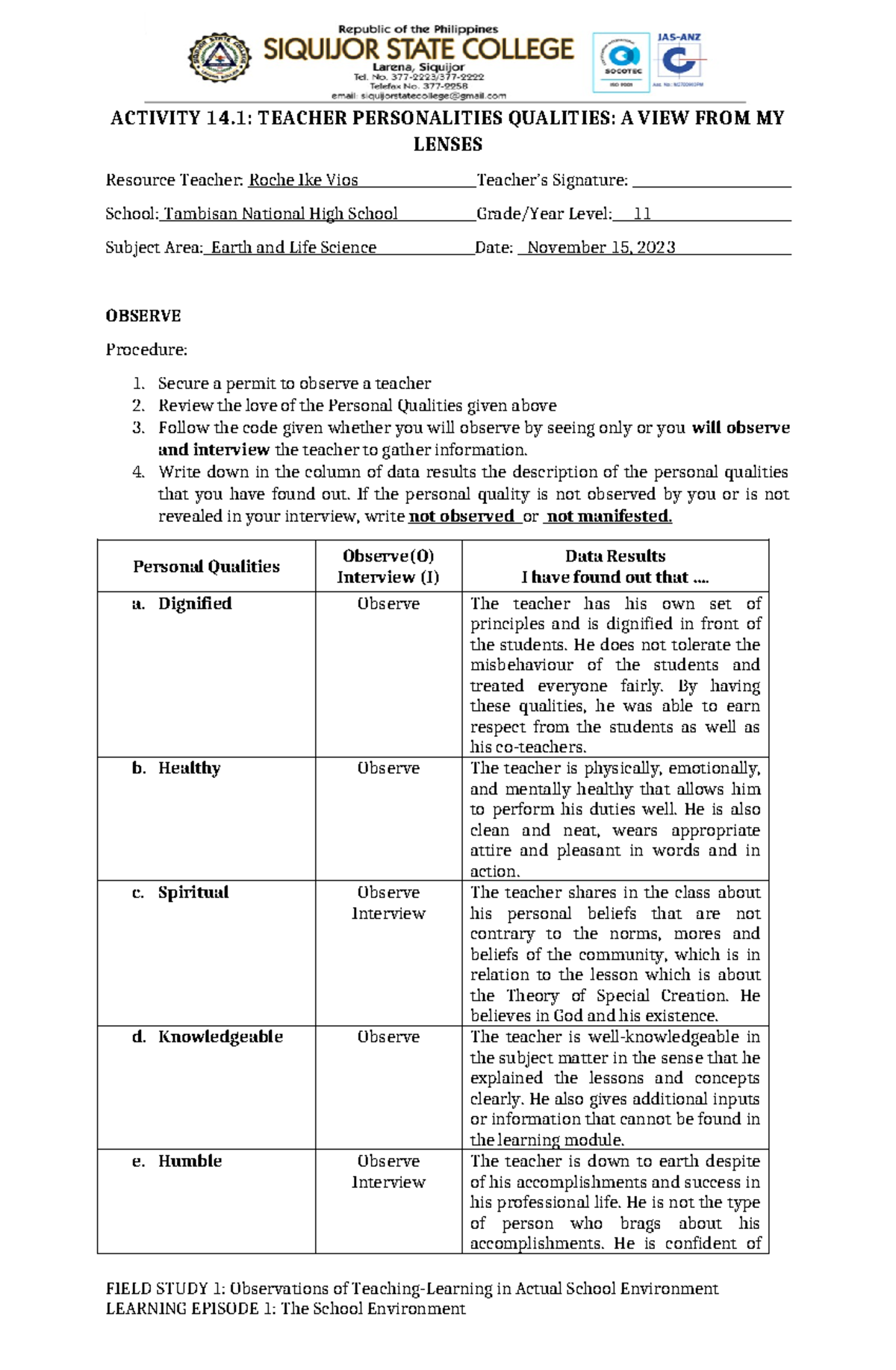 Field- Study-1-Episode 14 - ACTIVITY 14: TEACHER PERSONALITIES ...