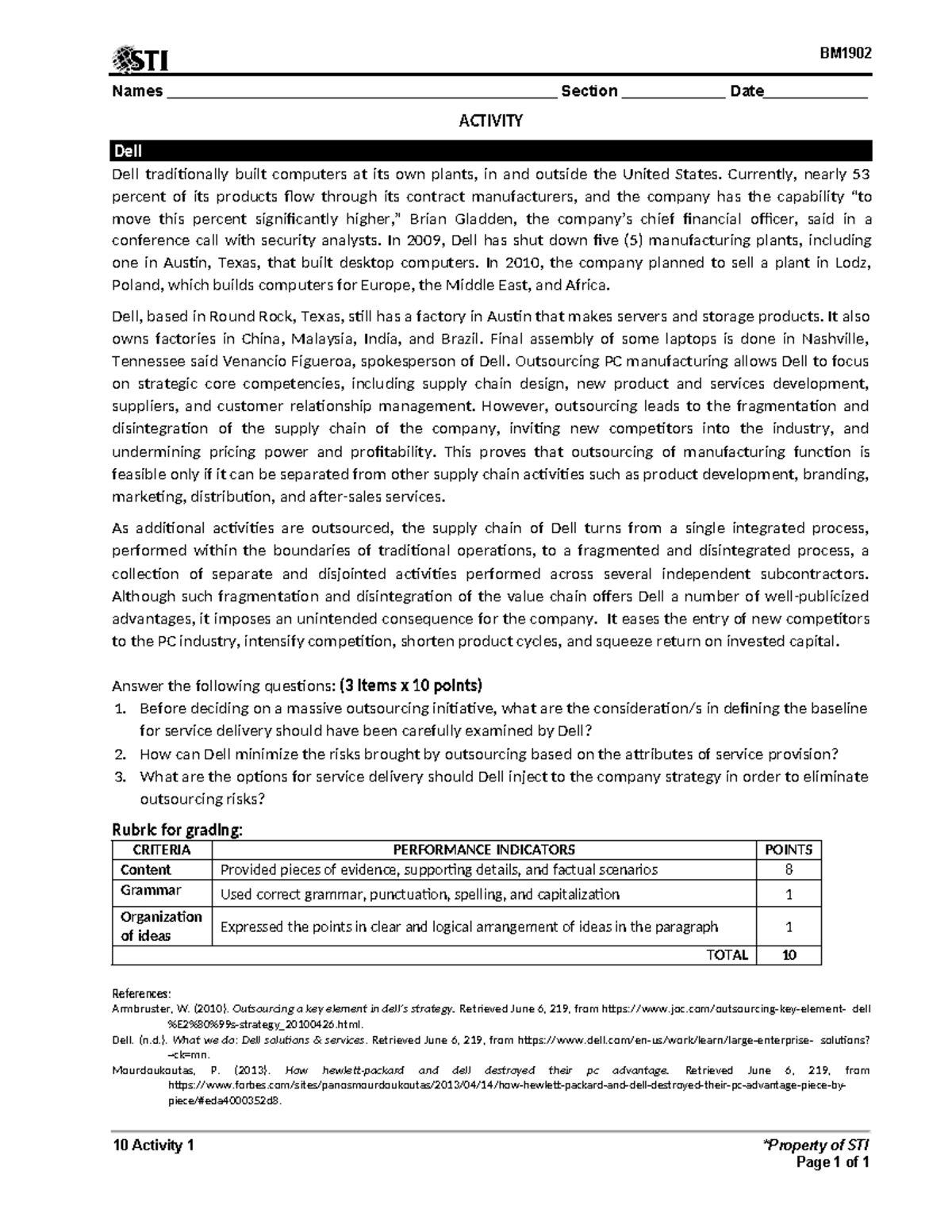10 Activity 1(11) - accounting - Names Section Date ACTIVITY Dell Dell traditionally built ...