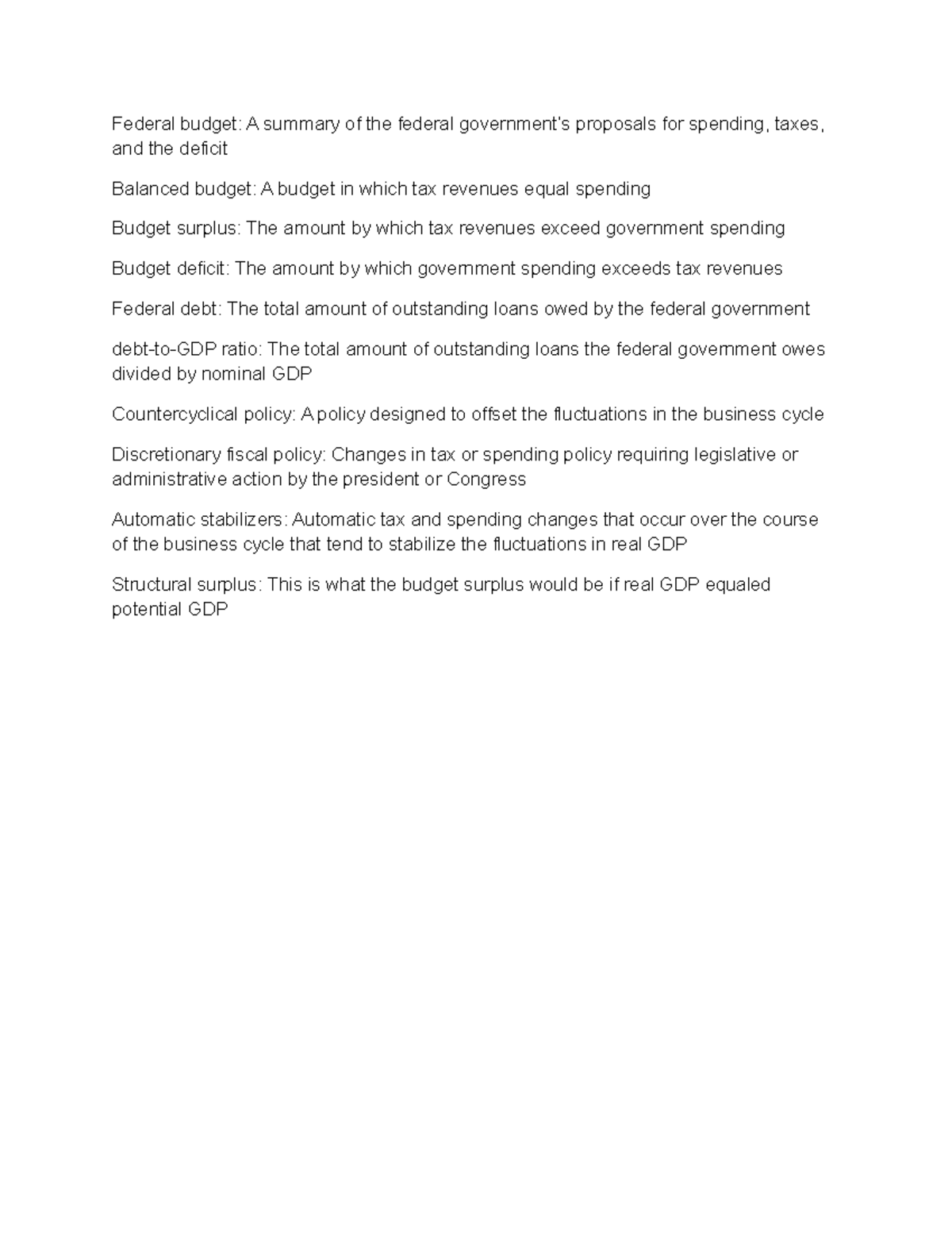 Macroeconomics Chapter 14 Vocab - Federal budget: A summary of the ...