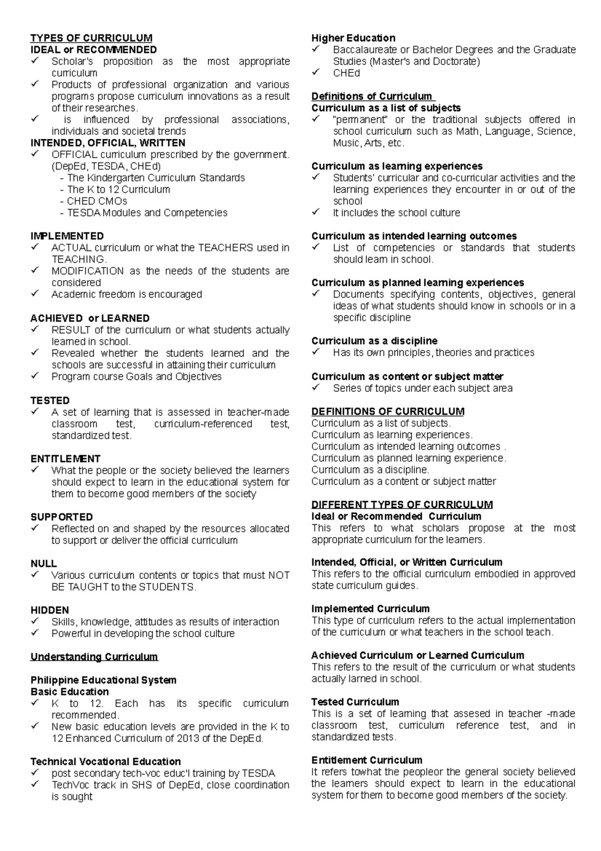 Ed108 Reviewer FROM BPED TYPES OF CURRICULUM IDEAL Or RECOMMENDED