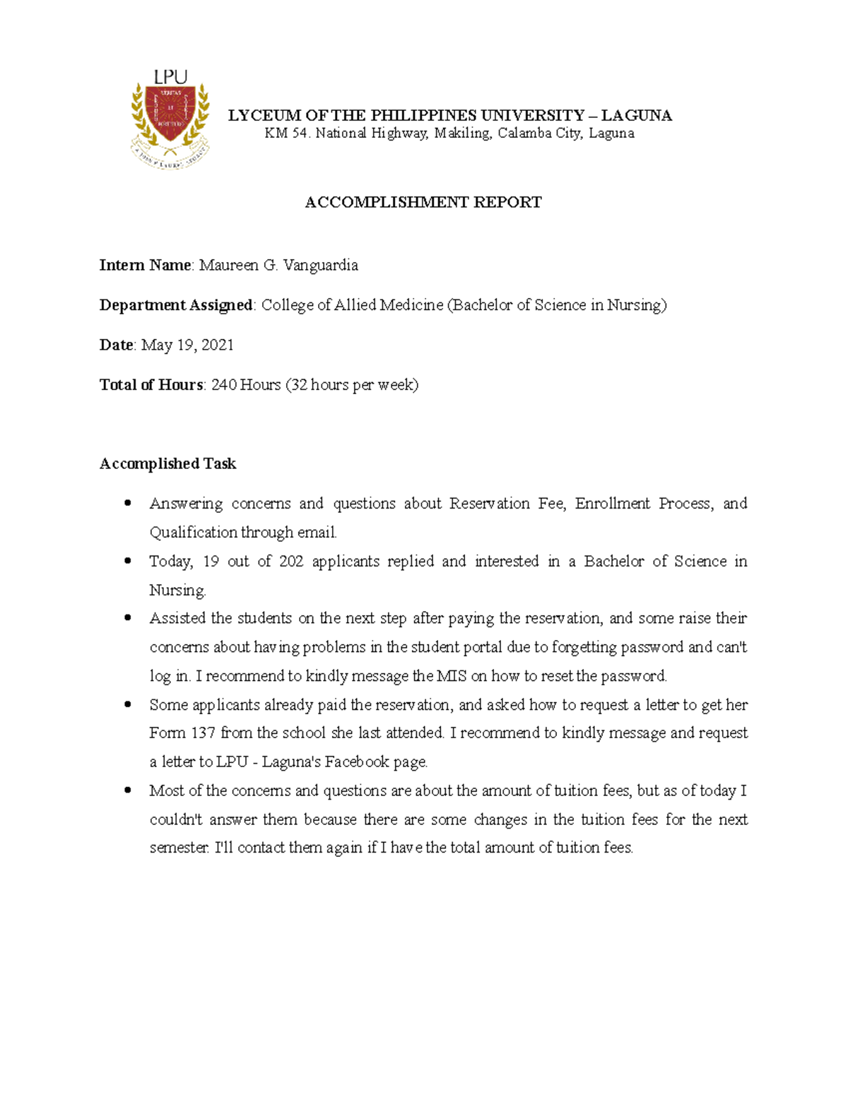 2021-05-19 - Internship - ACCOMPLISHMENT REPORT Intern Name : Maureen G ...