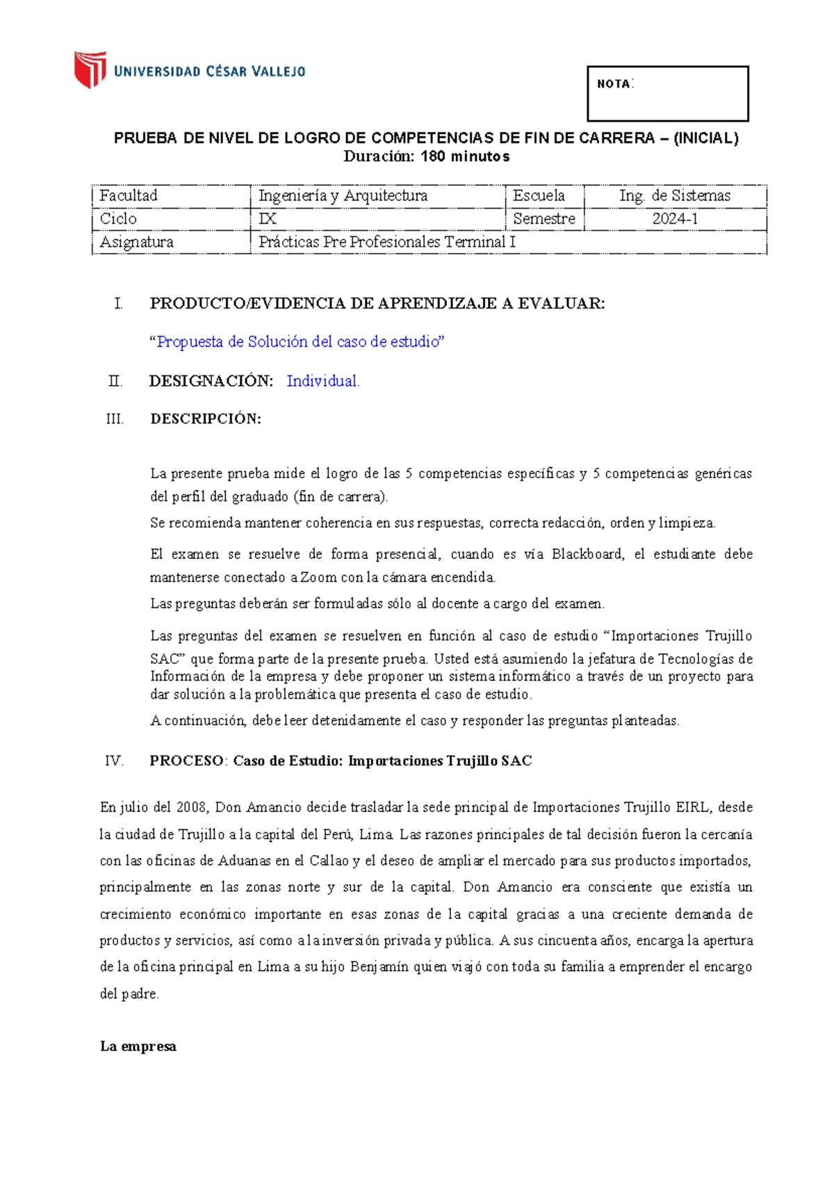 Examen PLC IV Nivel 2024-1 9no Plan D (Entrada) - PRUEBA DE NIVEL DE LOGRO DE COMPETENCIAS DE ...