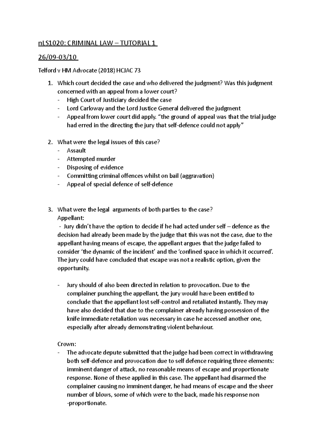 LS1020 Criminal LAW Tutorial 1 - nLS1020: CRIMINAL LAW – TUTORIAL 1 26/09-03/ Telford v HM ...