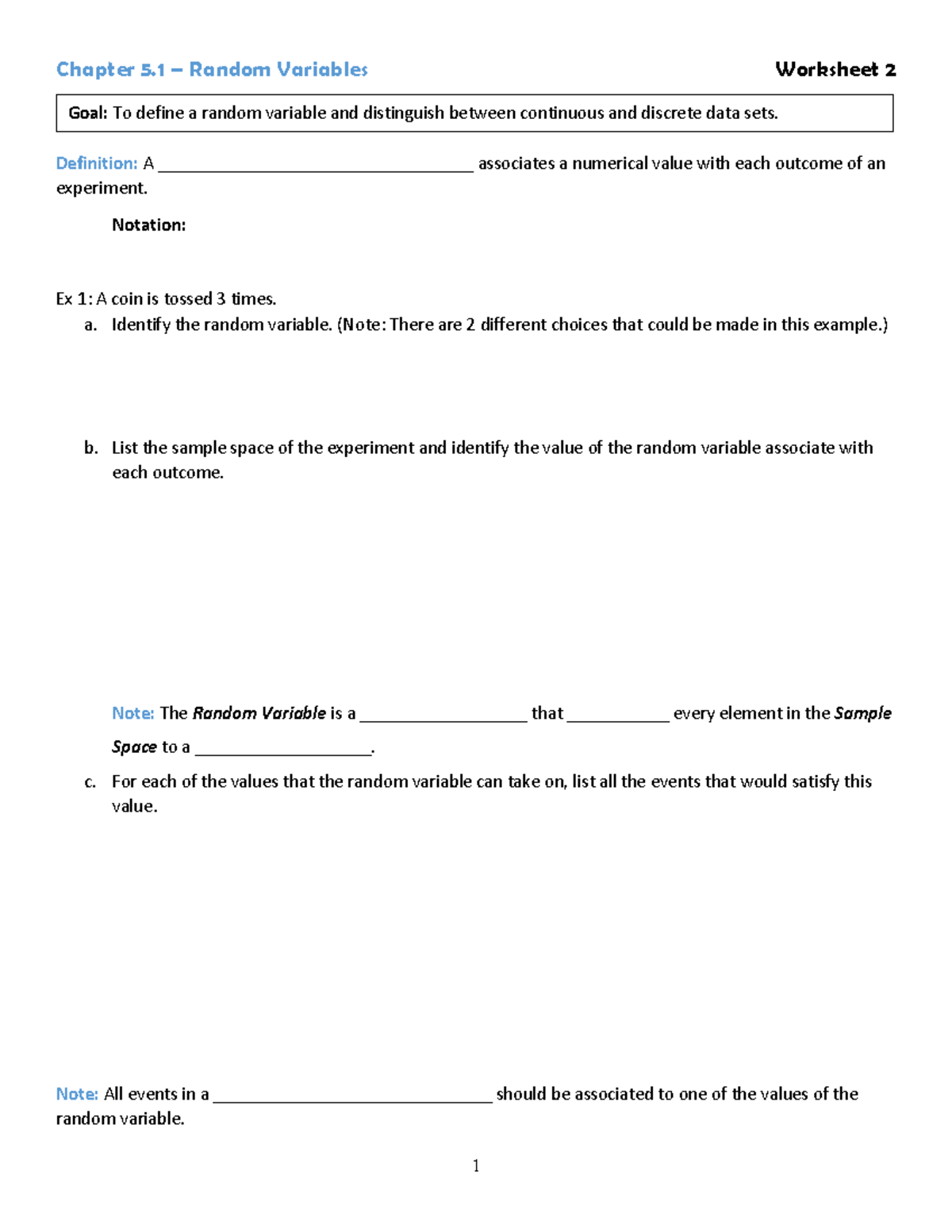 Worksheet 2 - Chapter 5 – Random Variables Worksheet 2 Goal: To define ...