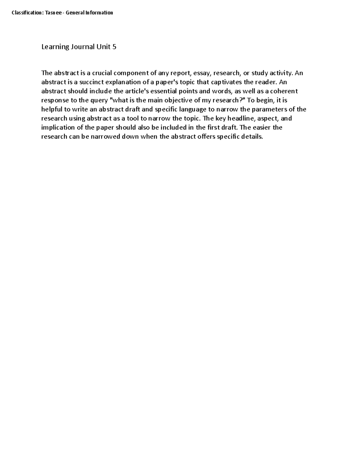 Learning Journal Unit 5 - Classification: Tasnee - General Information Learning Journal Unit 5 ...