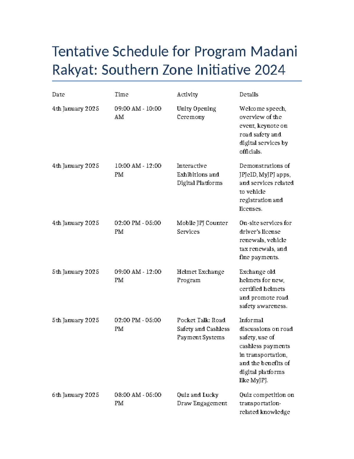 Tentative Schedule Program Madani Rakyat - 4th January 2025 10:00 AM - 12: PM Interactive - Studocu