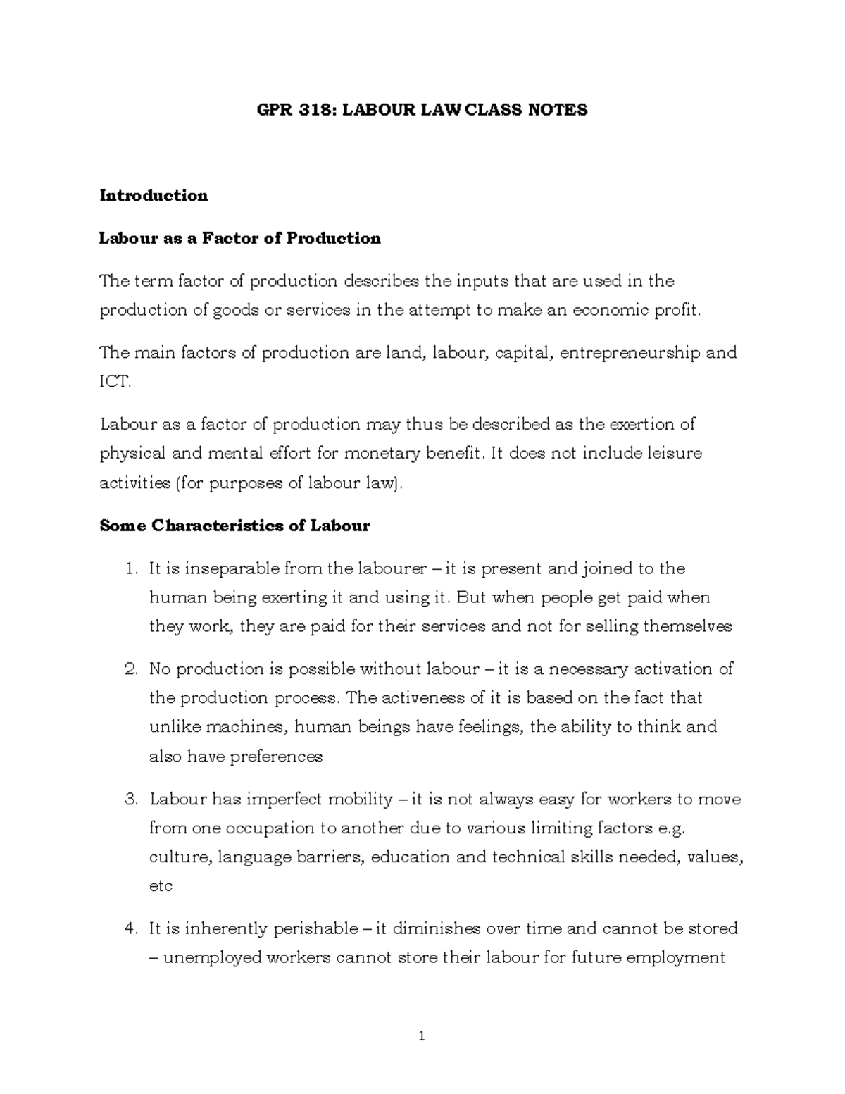 Class Notes Gpr 318 Labour Law Class Notes Introduction Labour As A Factor Of Production The