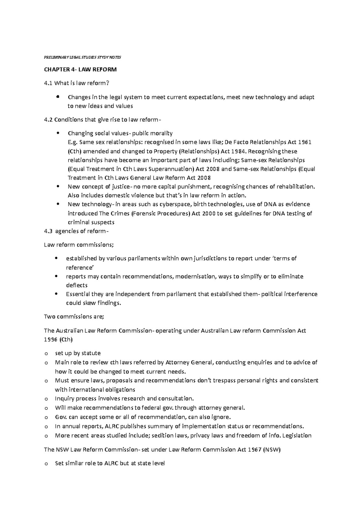Notes - Chapter 4 Law Reform - PRELIMINARY LEGAL STUDIES STYDY NOTES ...