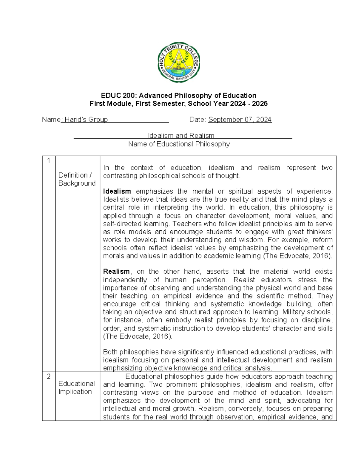 Written Discussion 1 Realism AND Idealism - EDUC 200: Advanced Philosophy of Education First ...