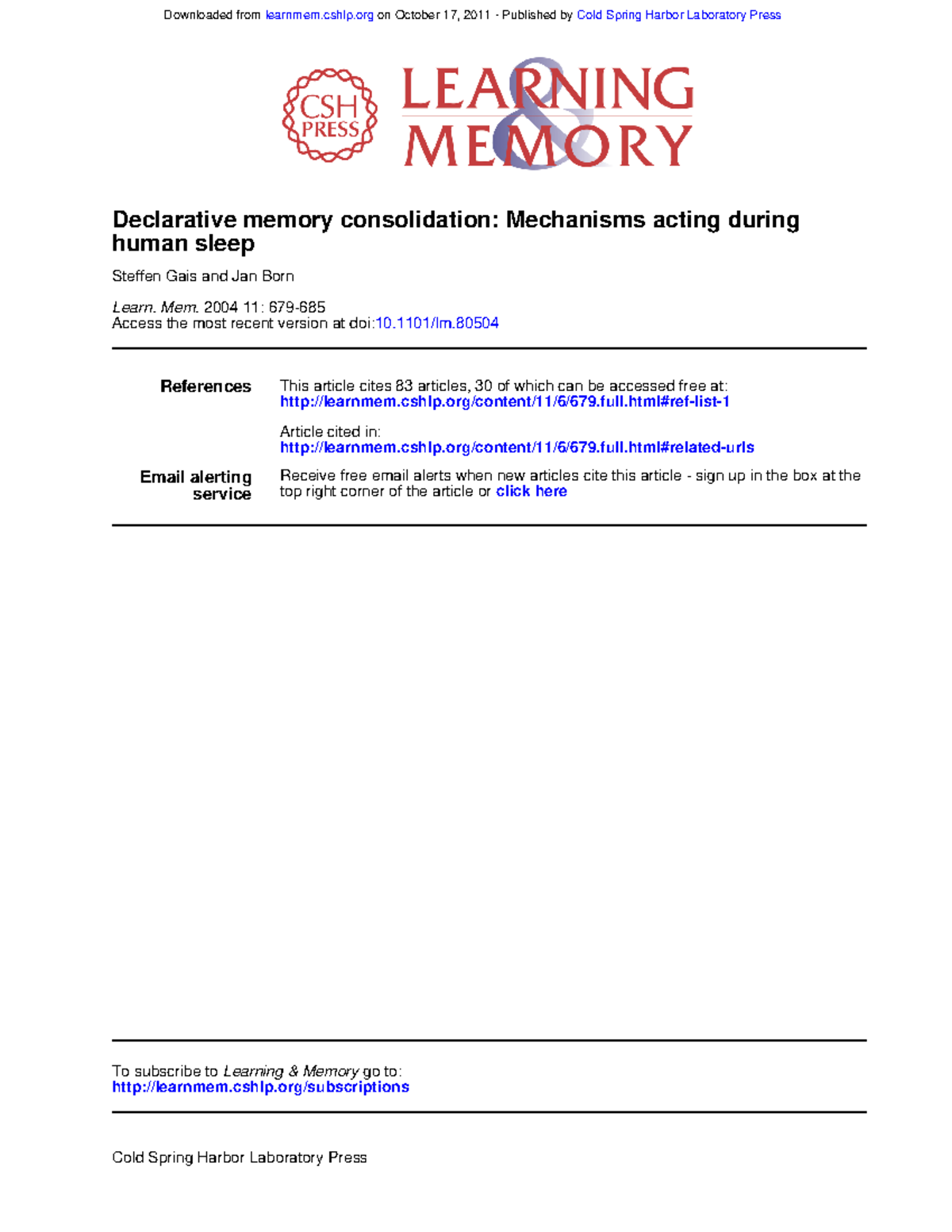 Declarative memory consolidation, mechanisms acting during human sleep - Psikologi Kognitif ...