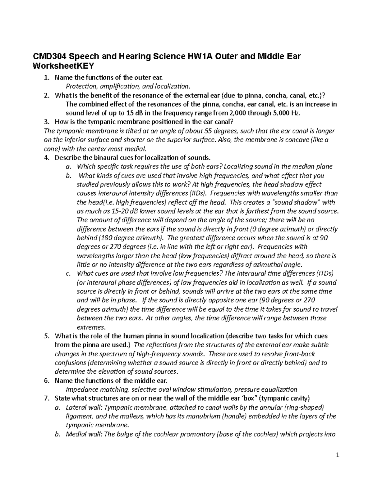 SAHS HW1A Key - HW 1A - CMD304 Speech and Hearing Science HW1A Outer ...