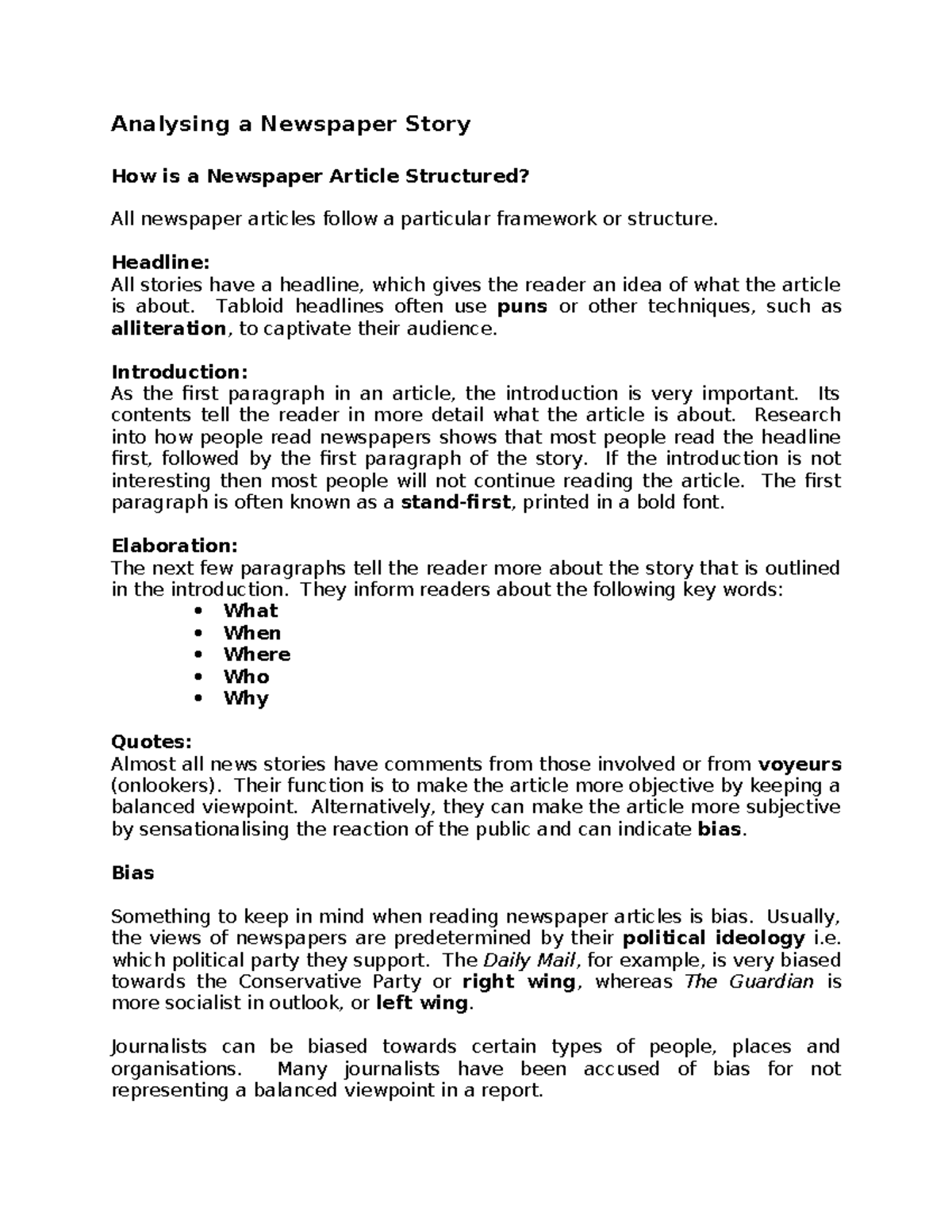 Analysing a Newspaper Story - Headline: All stories have a headline ...