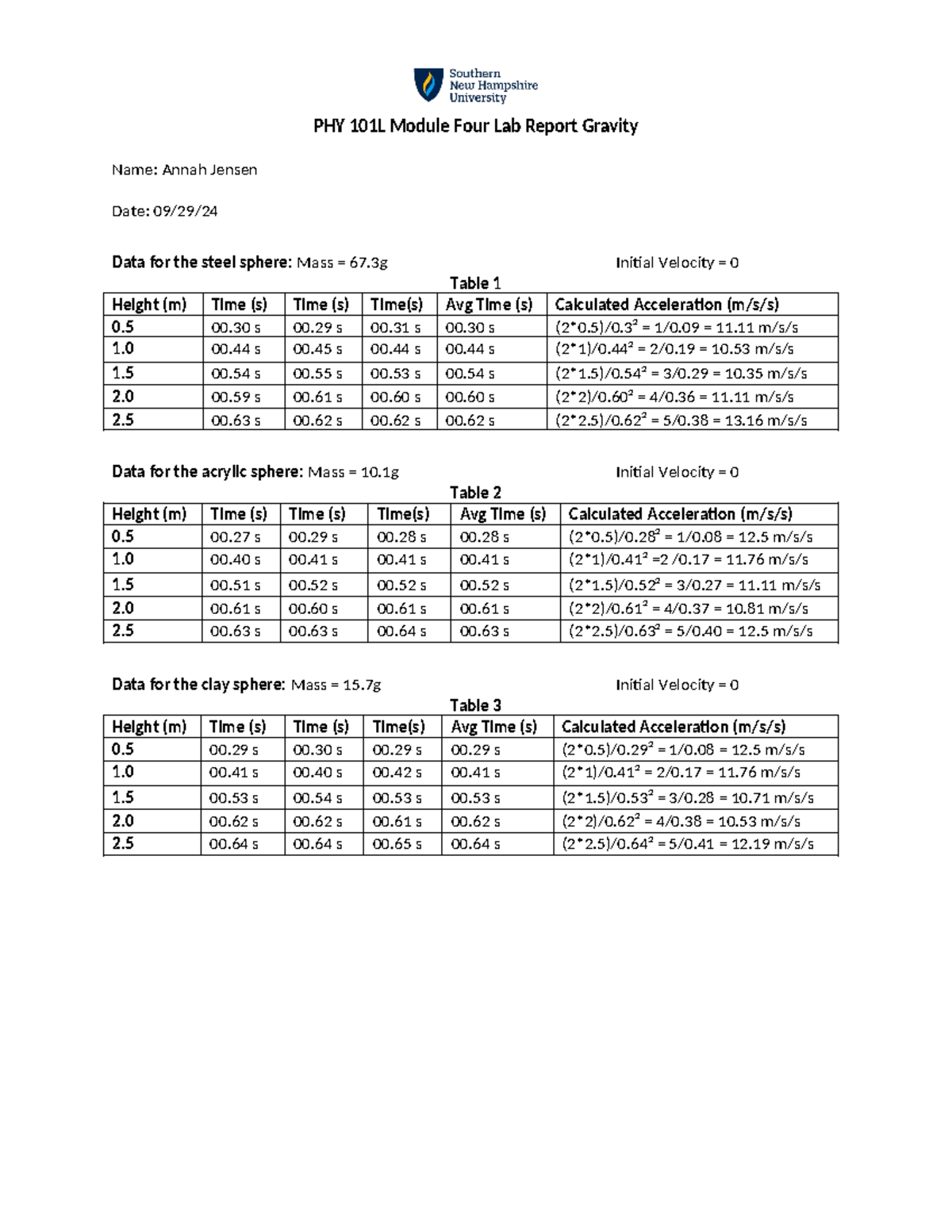 PHY 101L Module Four Lab Report Gravity - Before performing the experiment, develop two ...