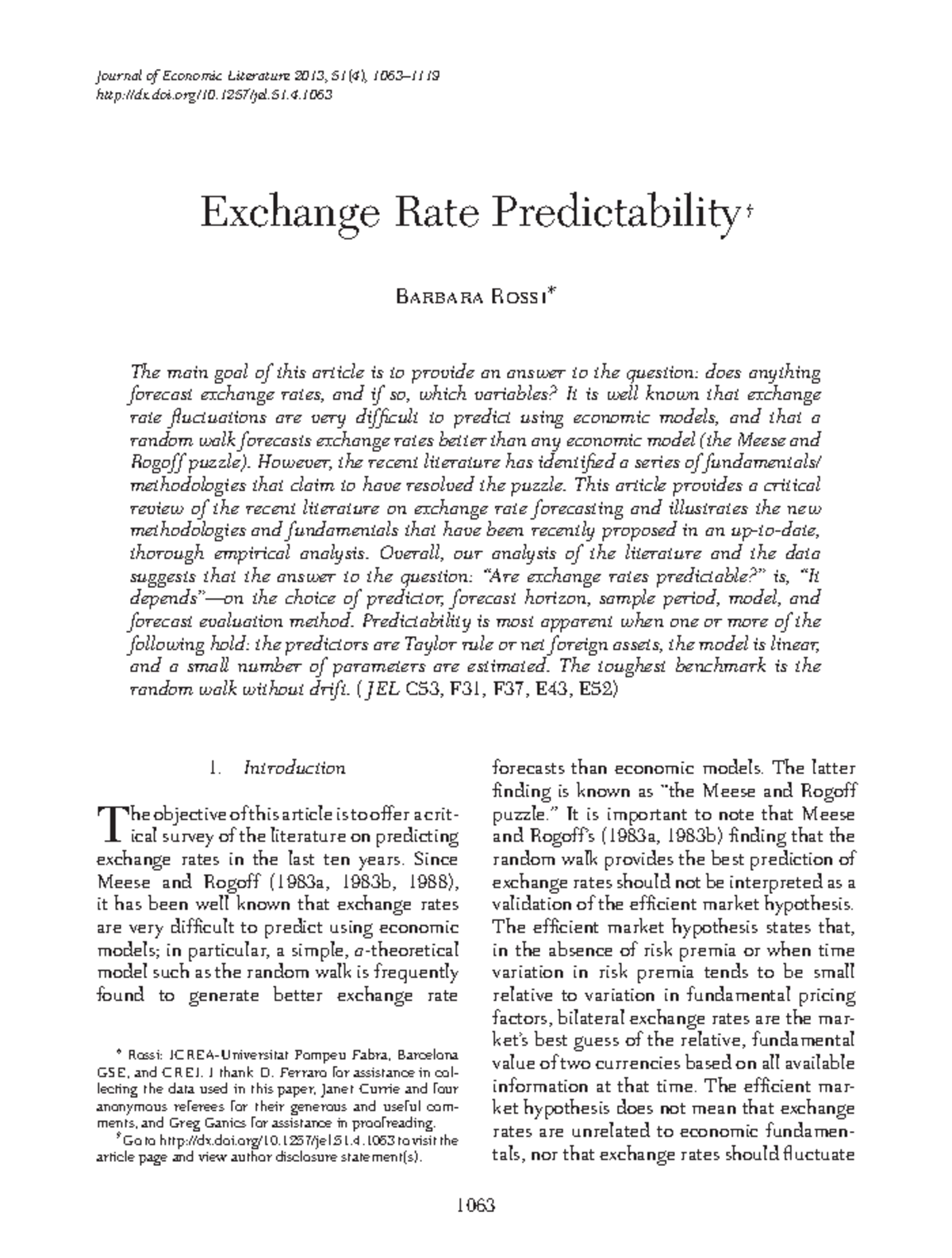Exchange-rate-predictability - Journal of Economic Literature 2013, 51( 4 ), 1063– - Studocu