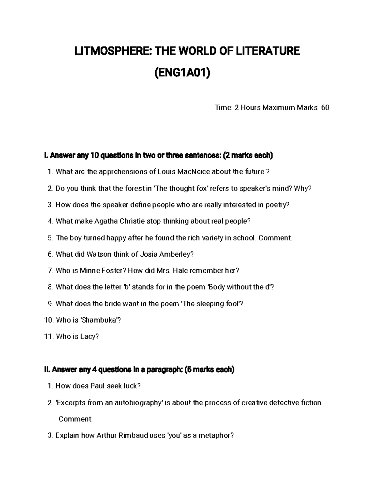 Litmosphere Question paper - LITMOSPHERE: THE WORLD OF LITERATURE ...