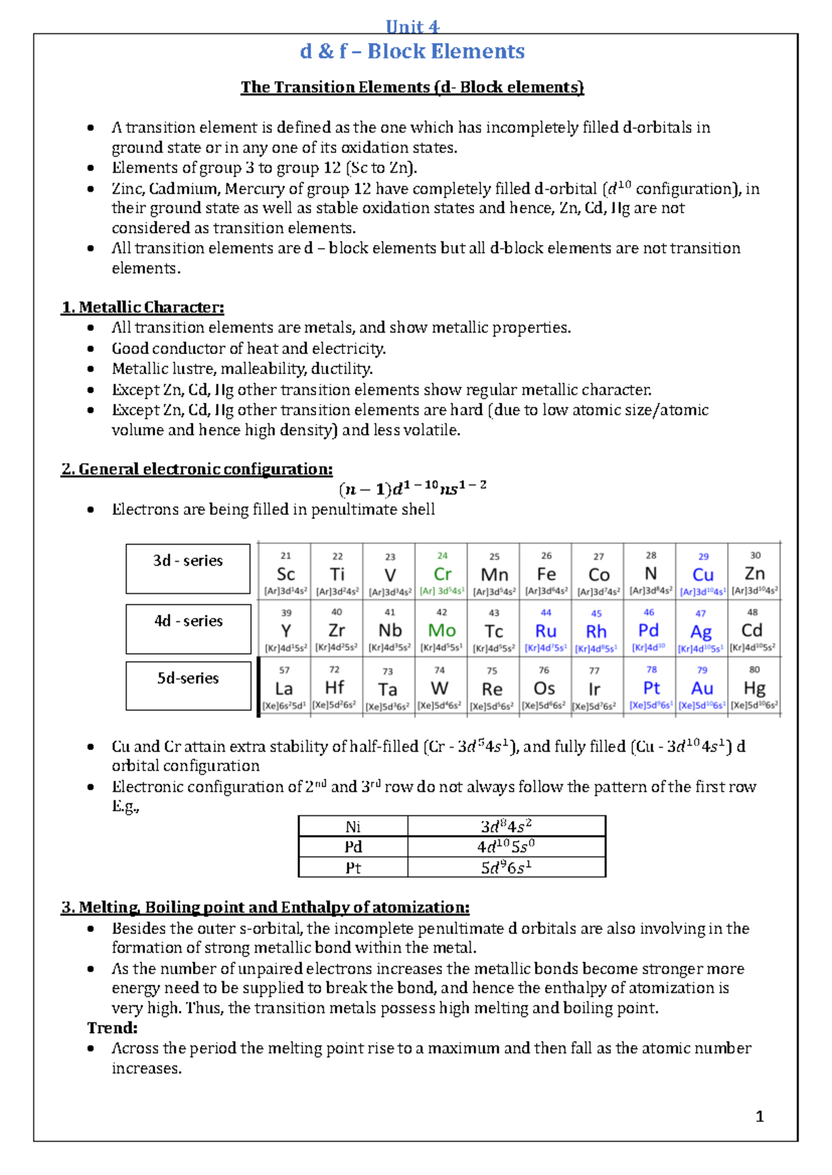 Chapter 4-d & f Block elements Note - d & f – Block Elements The Transition Elements (d- Block ...